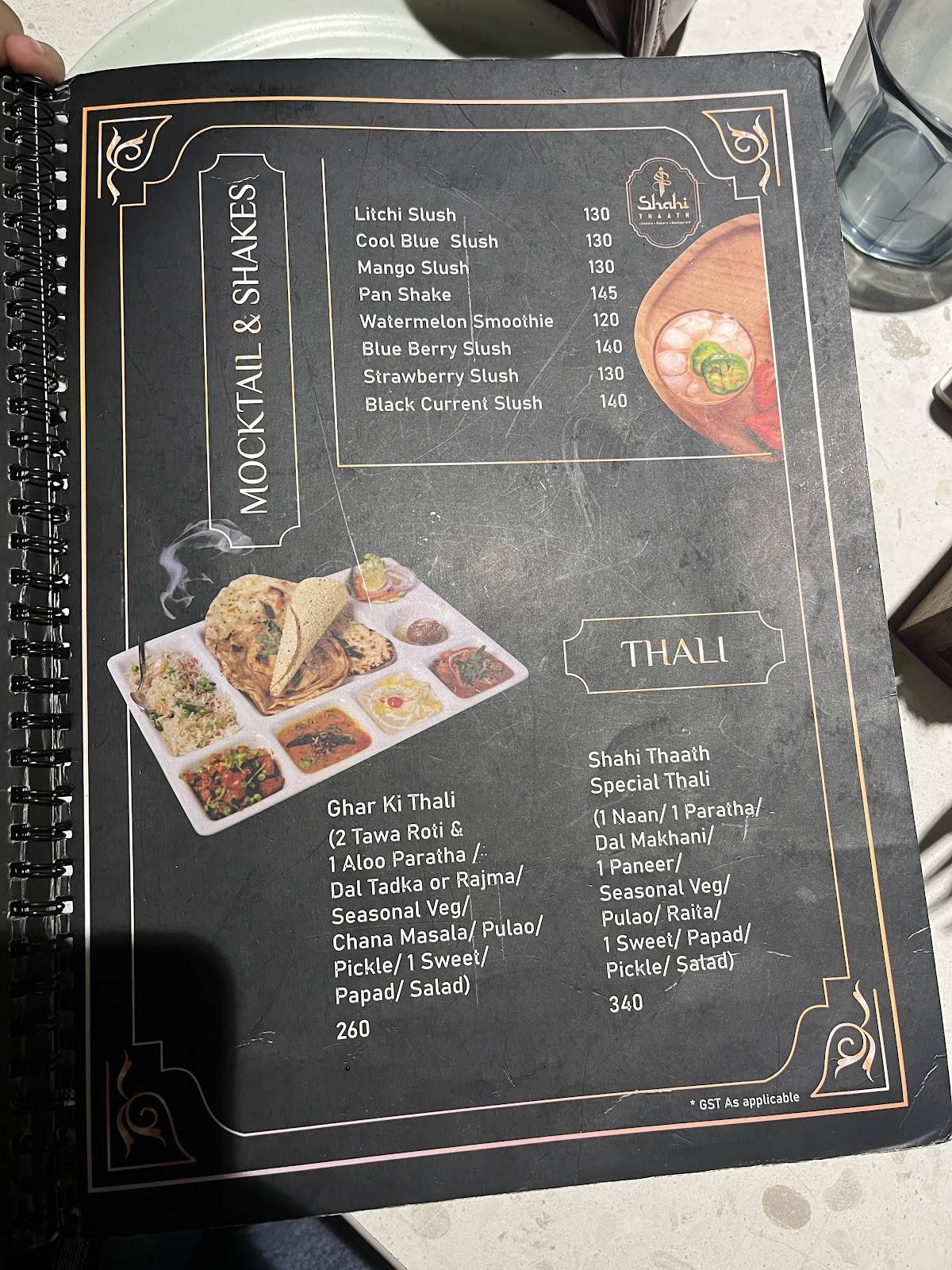 Menu at Shahi Thaath, Jabalpur, Infront Of