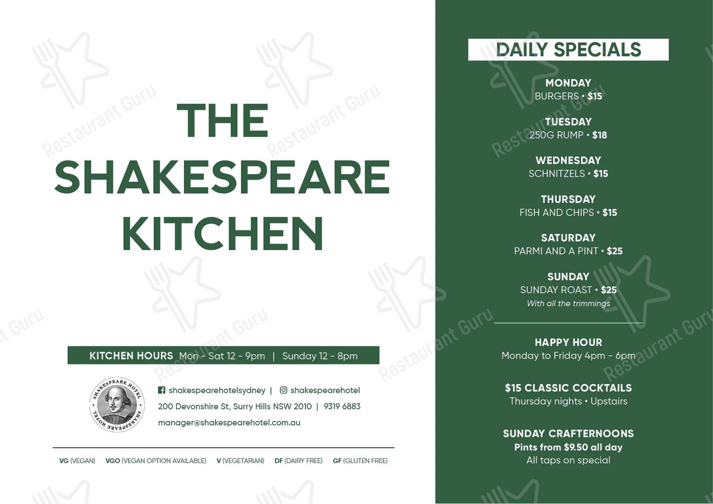 Menu at Shakespeare Hotel pub & bar, Surry Hills