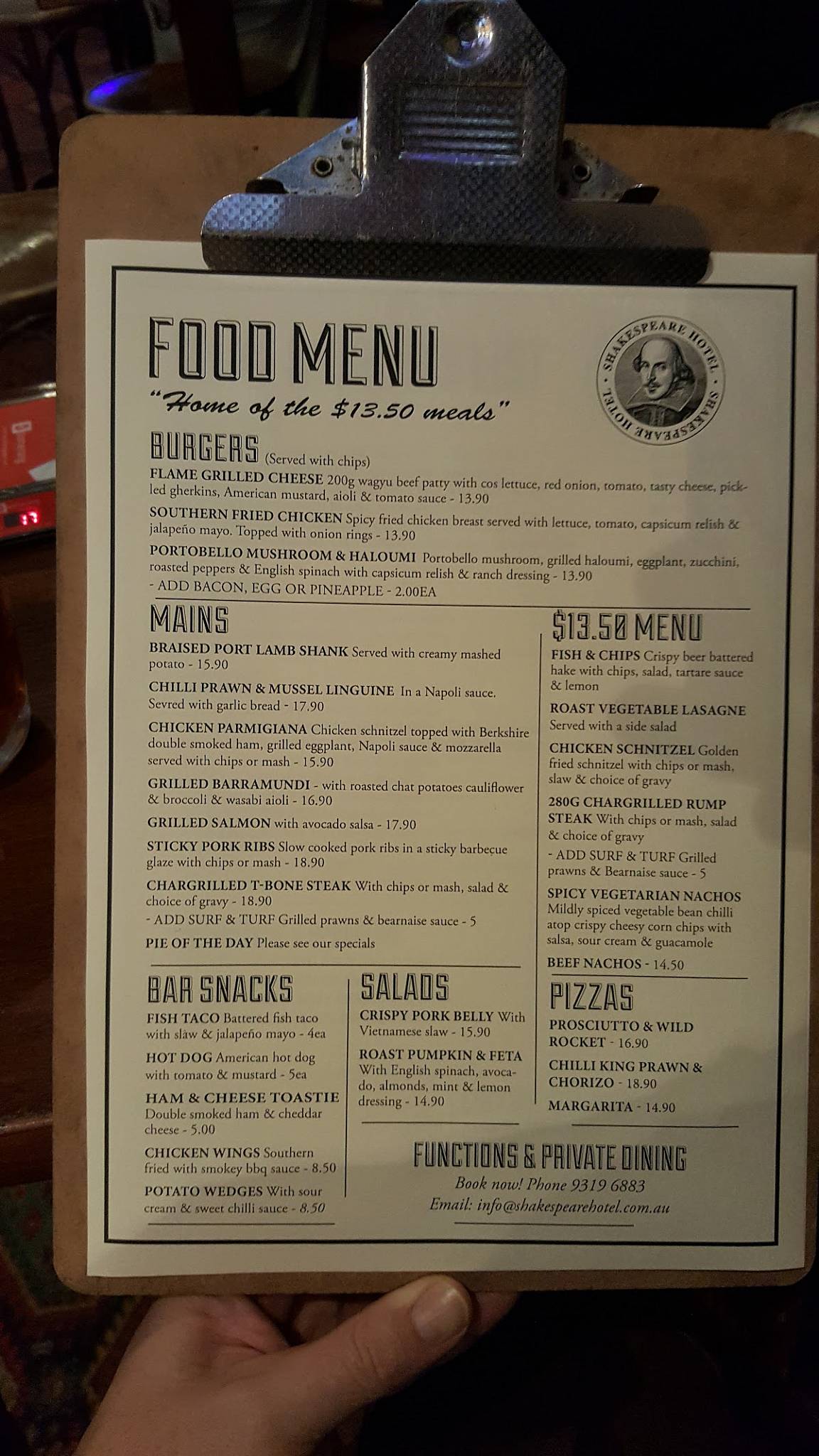 Menu at Shakespeare Hotel pub & bar, Sydney
