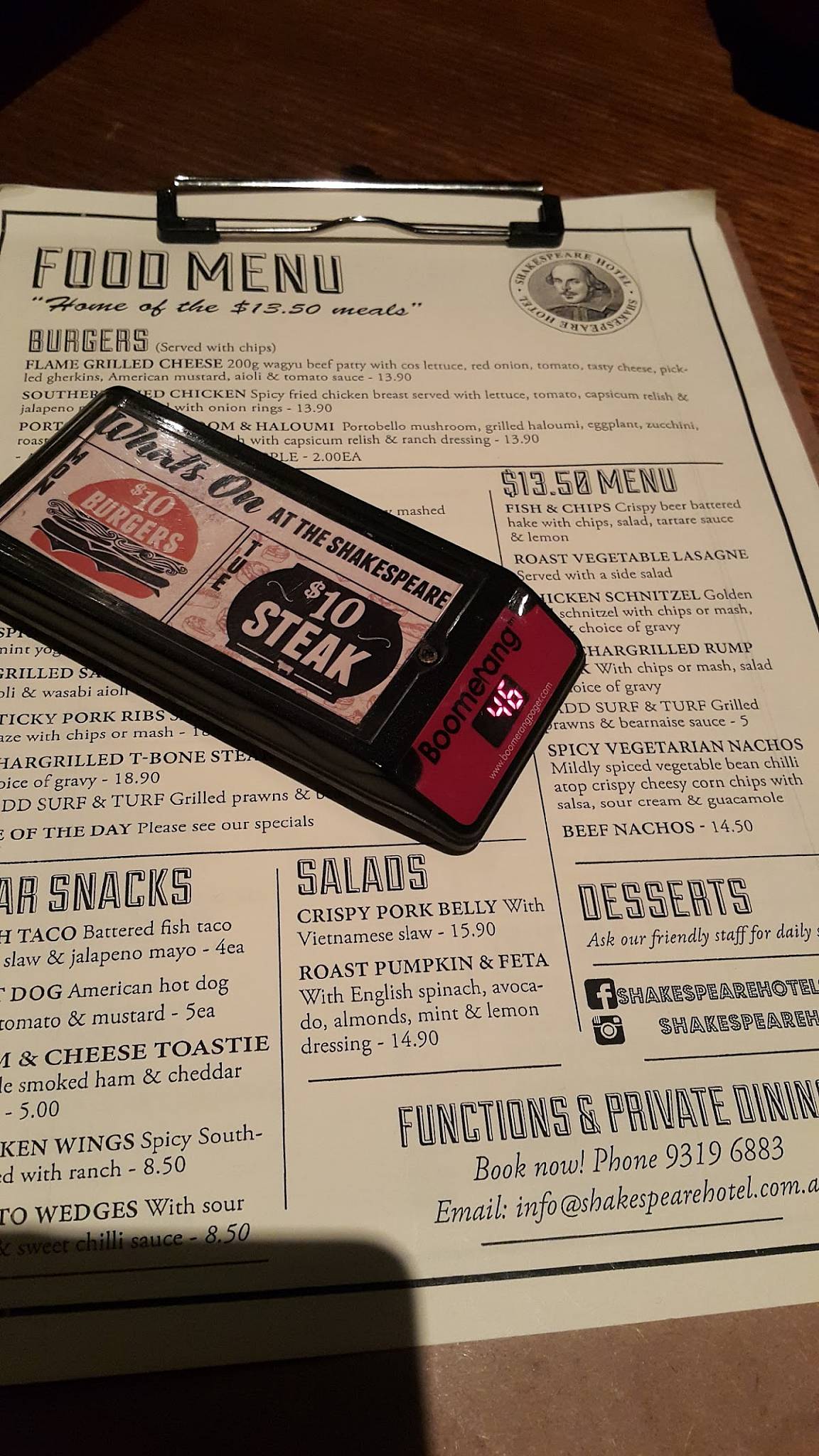 Menu at Shakespeare Hotel pub & bar, Sydney