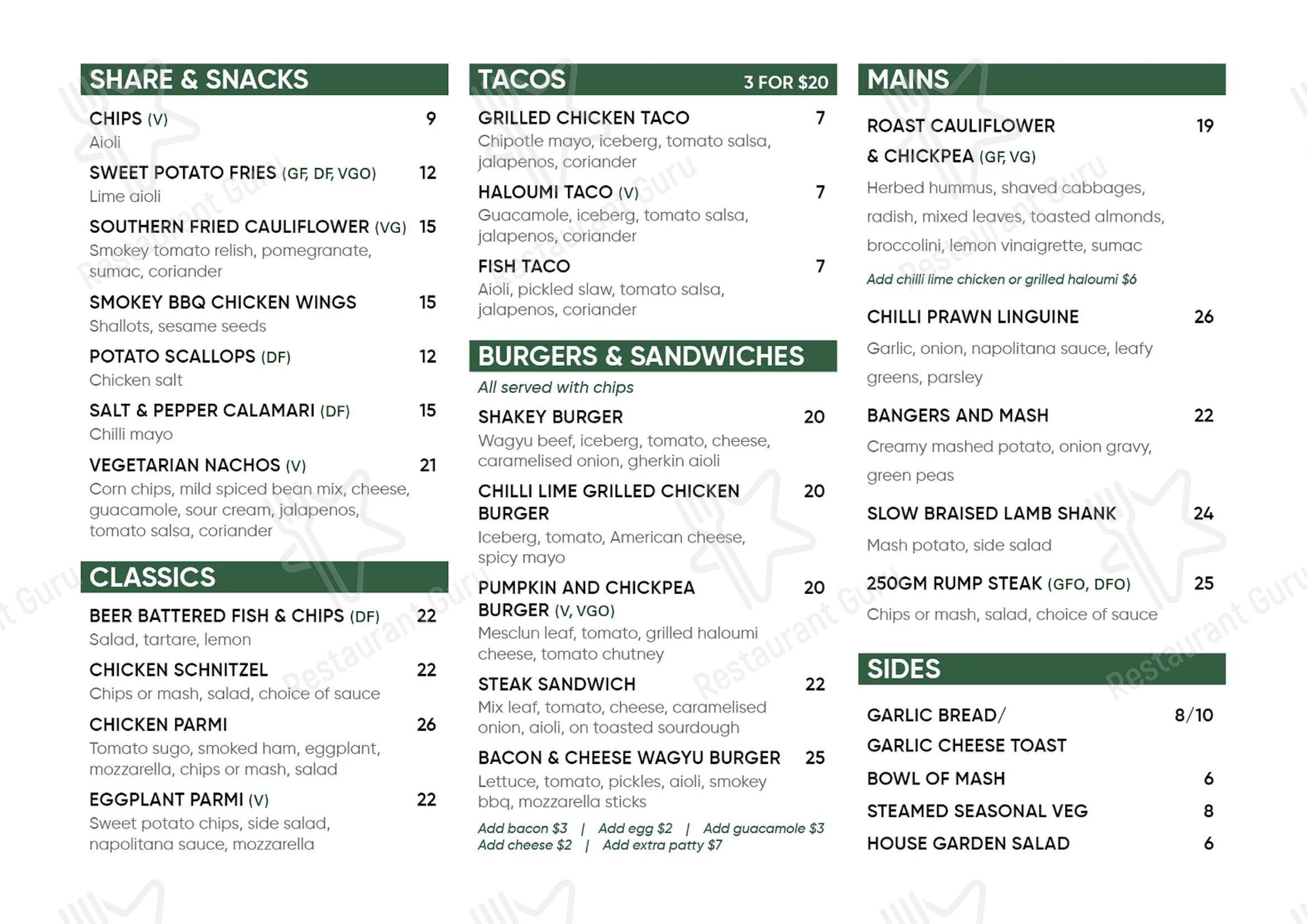 Menu at Shakespeare Hotel pub & bar, Surry Hills