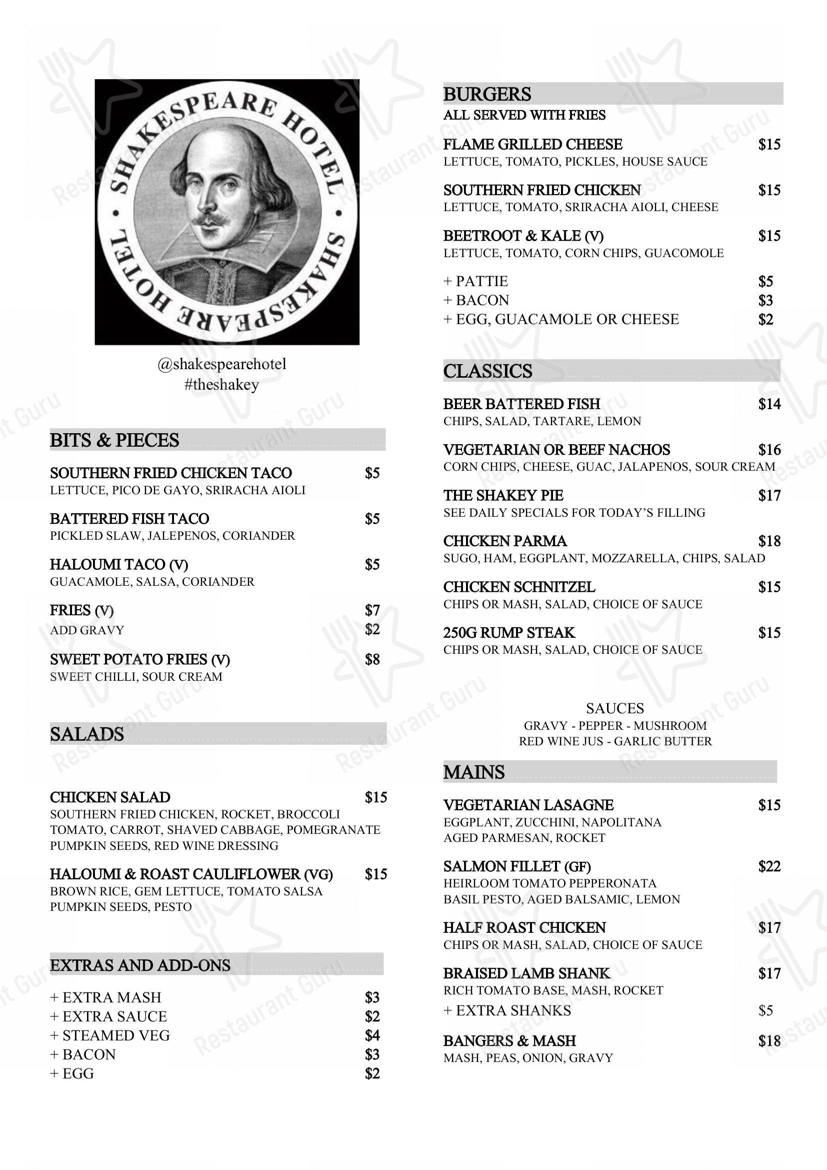 Menu at Shakespeare Hotel pub & bar, Surry Hills