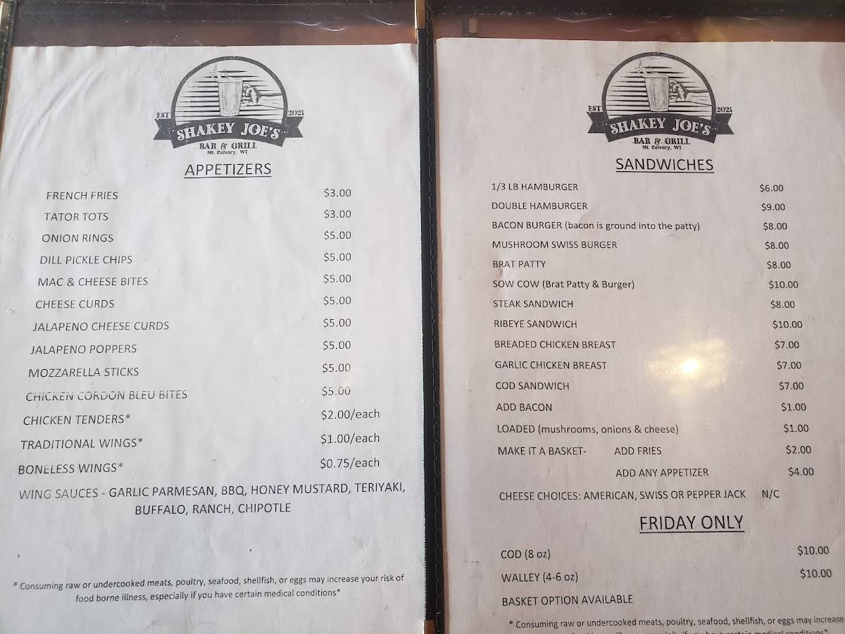 Menu at Shakey Joe's Bar & Grill, Mount Calvary