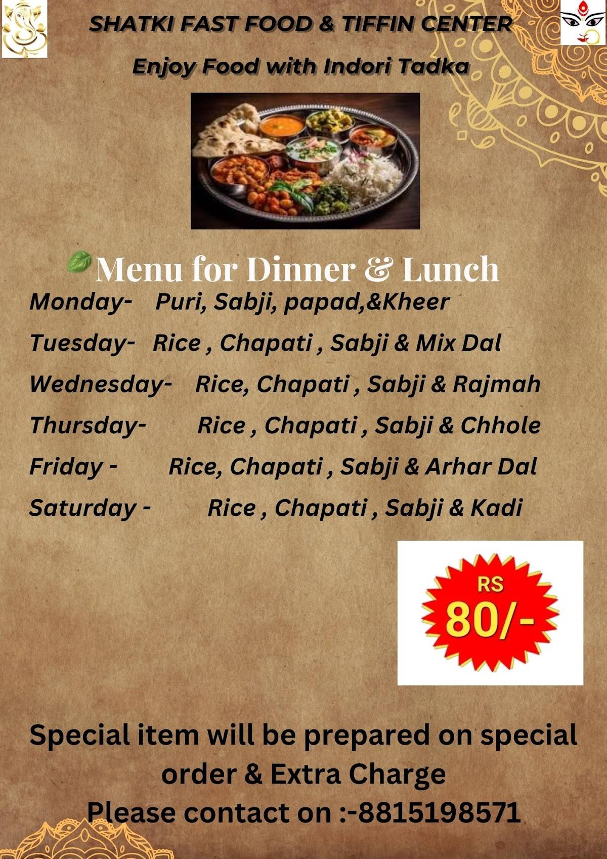 Menu at Shakti Fast Food & Tiffin Center, Jaipur