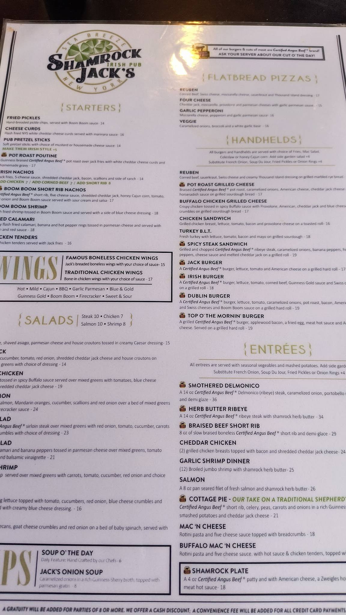 Menu at Shamrock Jack's Irish Pub, Rochester