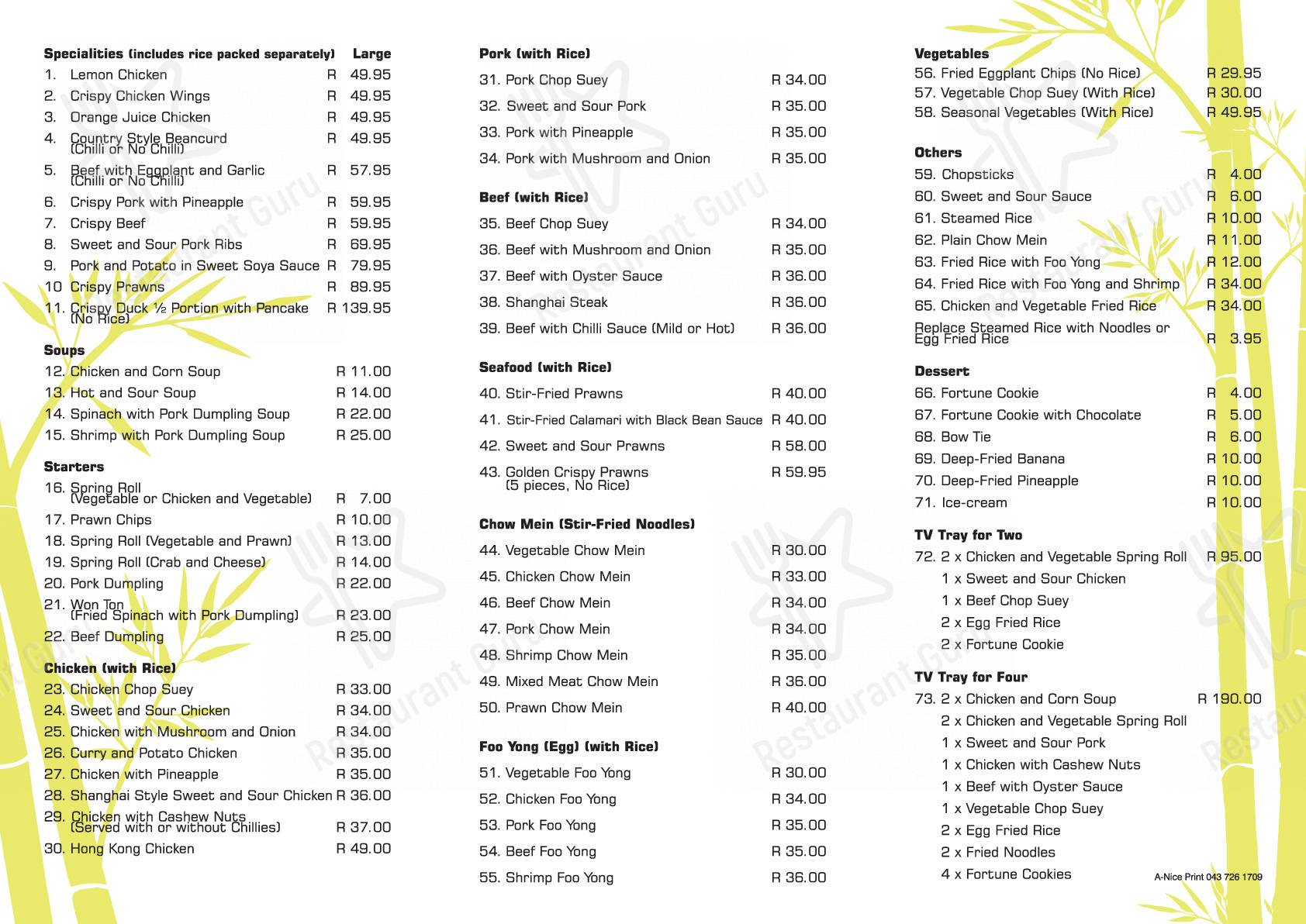 Menu at Shanghai Chinese Restaurant & Sushi Bar, East London, Beacon bay