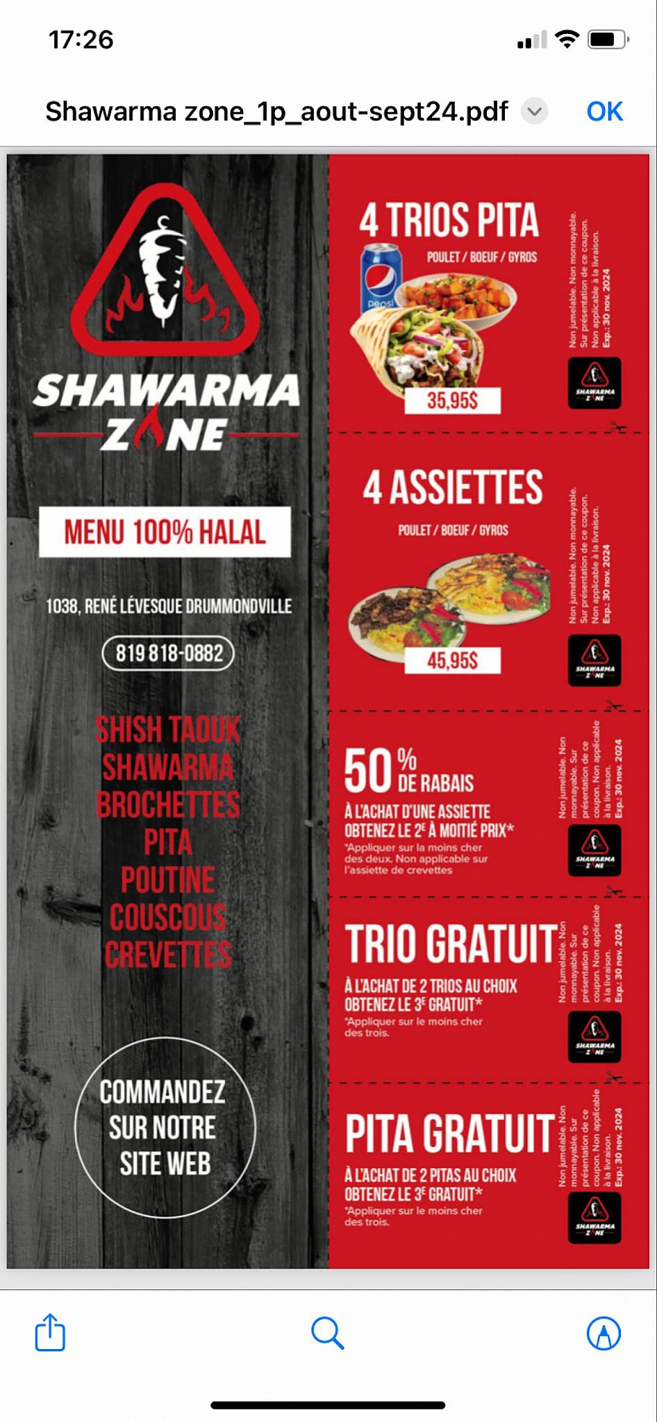 Menu at Shawarma Zone restaurant, Drummondville