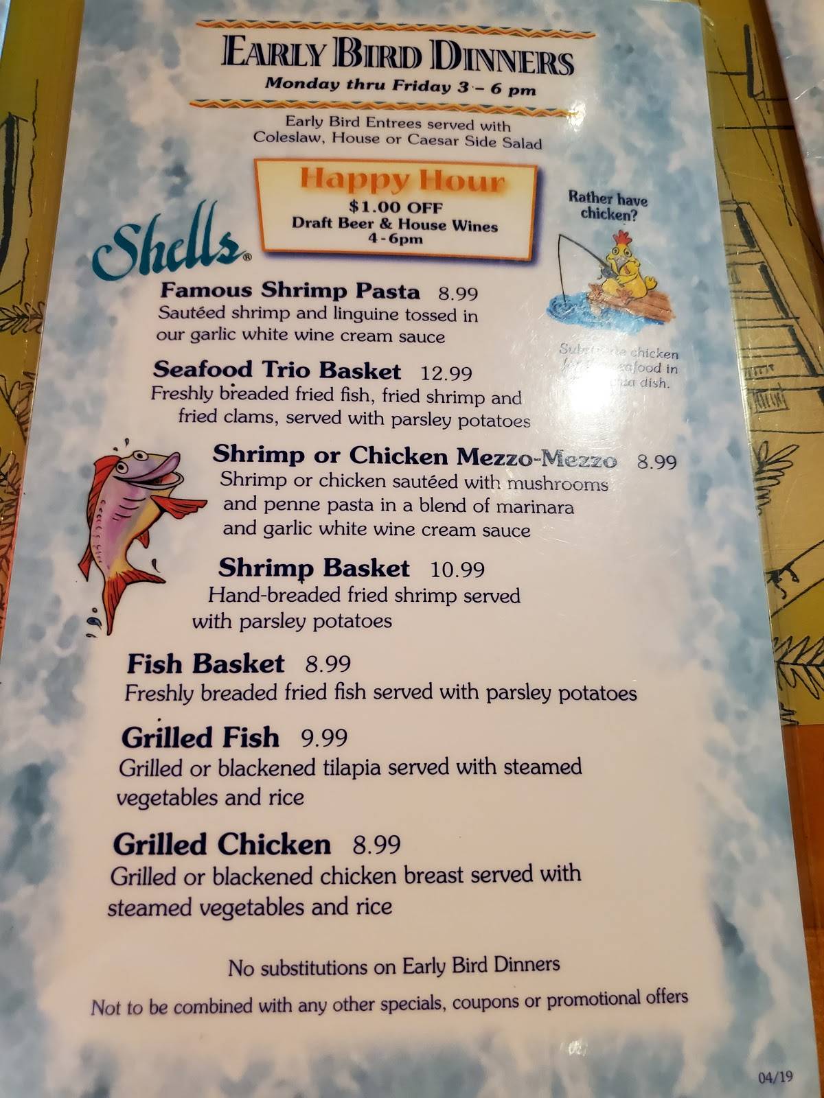 Menu at Shells of Melbourne restaurant, Melbourne