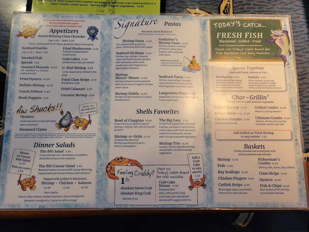 Menu at Shells of Melbourne restaurant, Melbourne