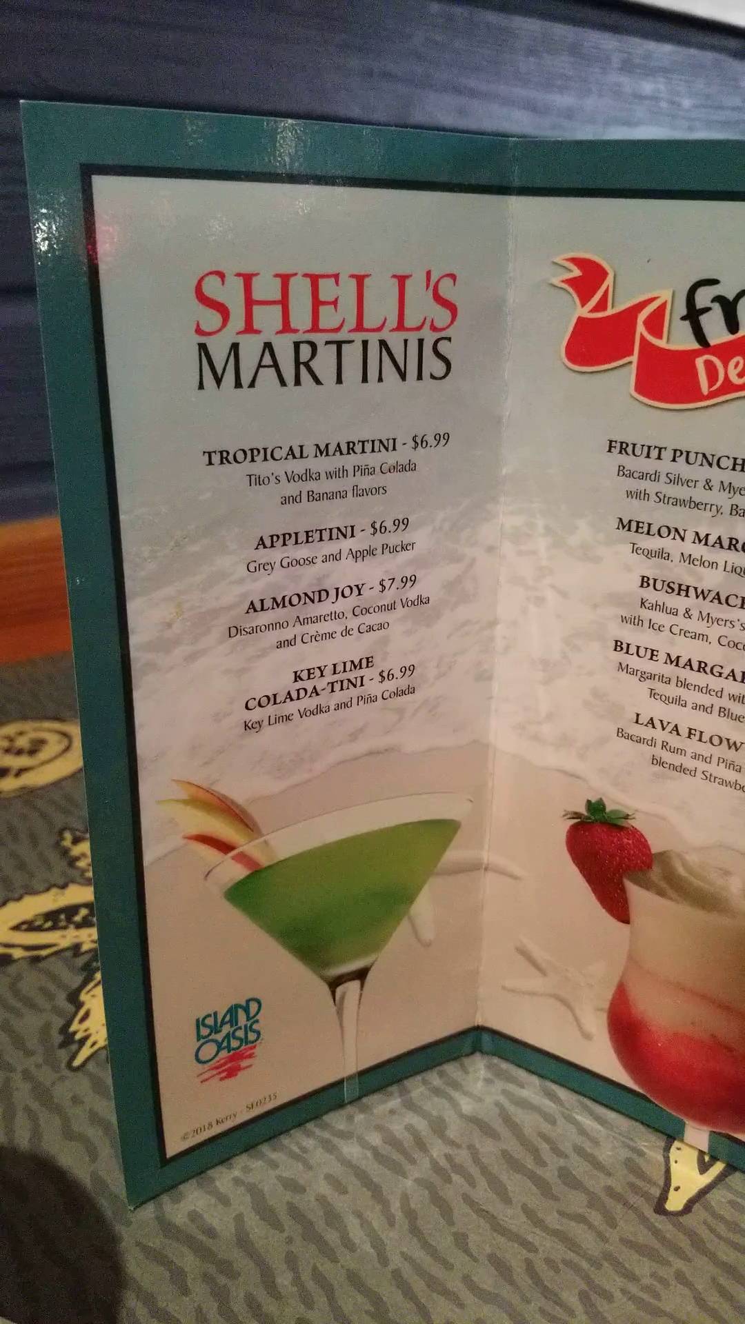 Menu at Shells of Melbourne restaurant, Melbourne