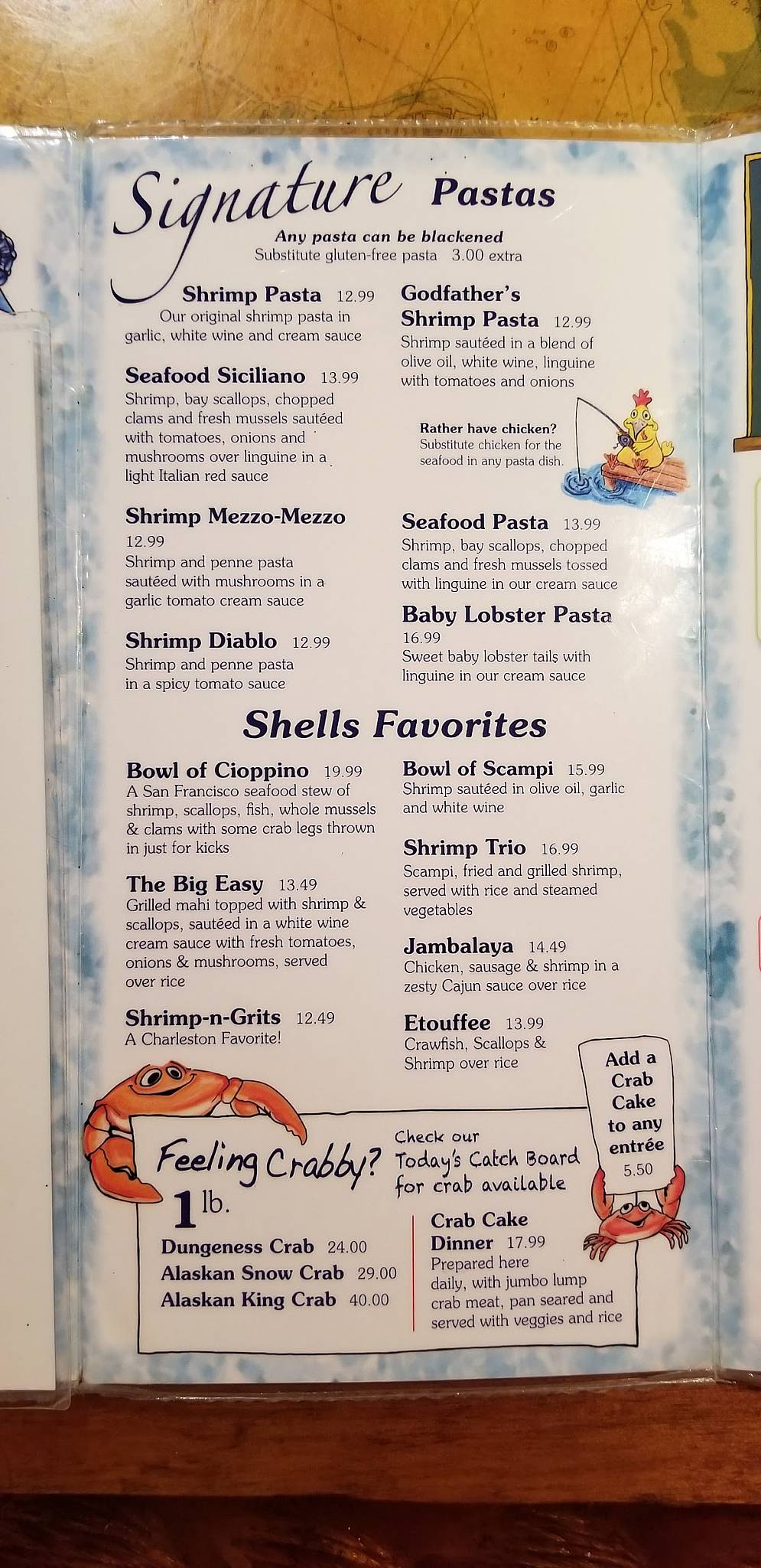 Menu at Shells of Melbourne restaurant, Melbourne