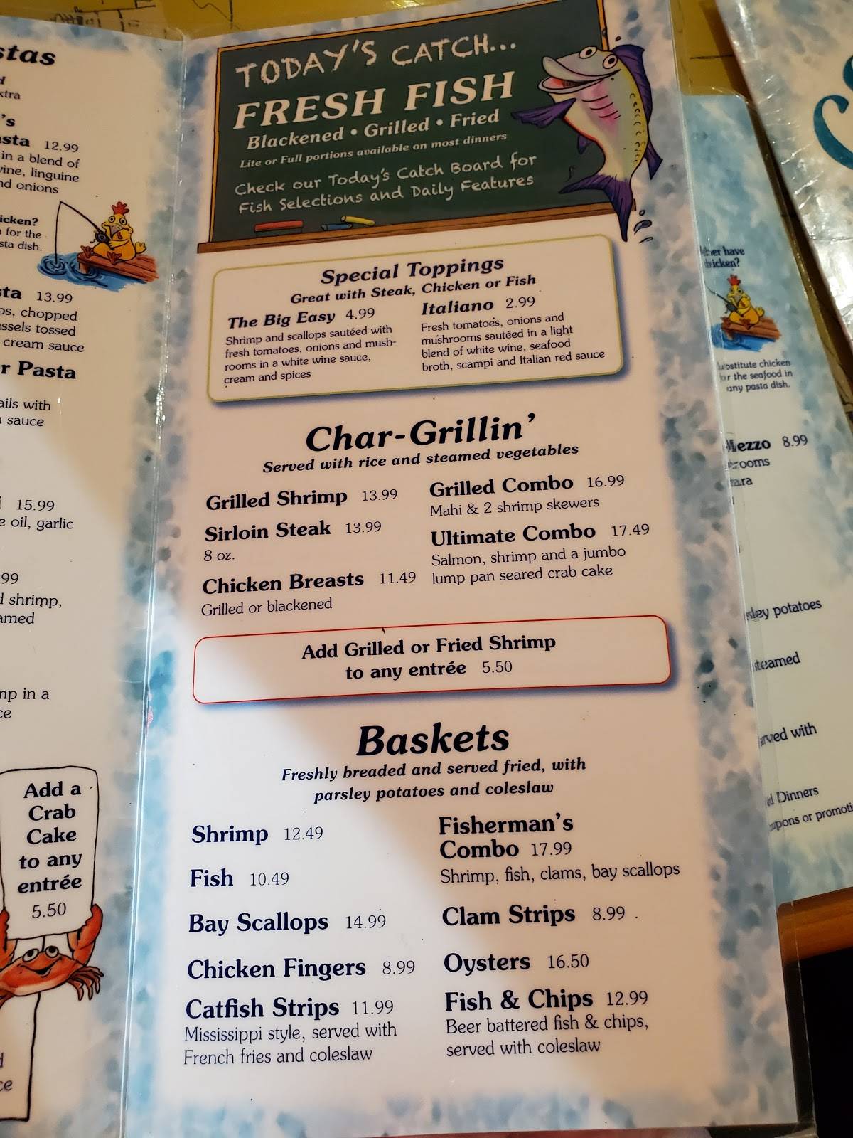 Menu at Shells of Melbourne restaurant, Melbourne