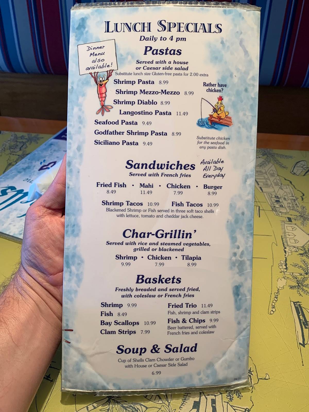 Menu at Shells of Melbourne restaurant, Melbourne