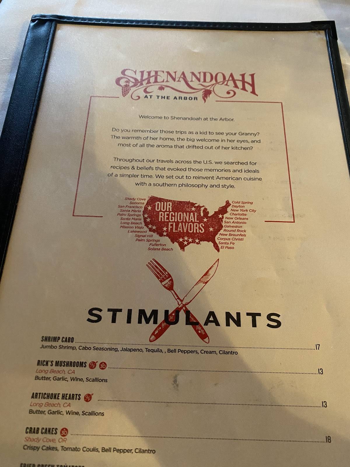 Menu at Shenandoah At the Arbor restaurant, Los Alamitos