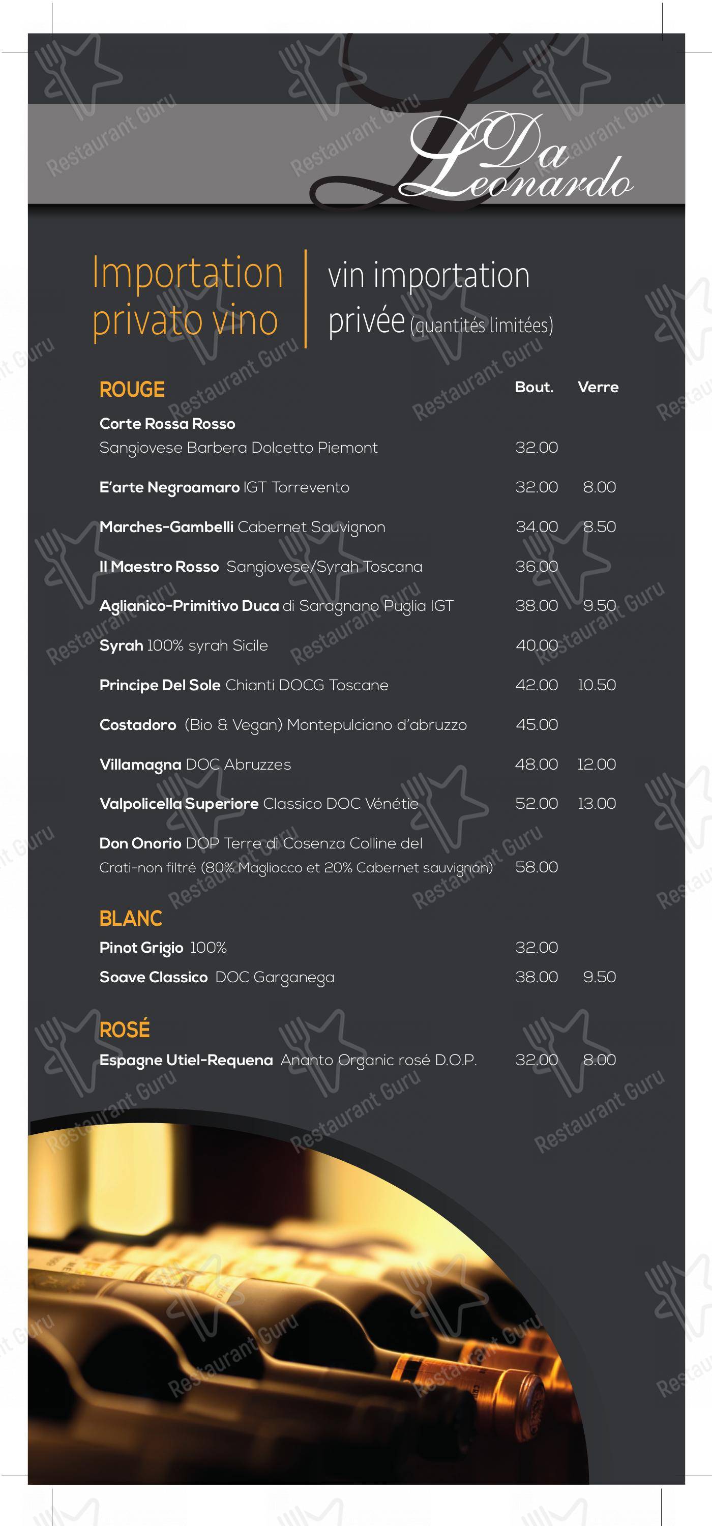 Menu au Da Leonardo restaurant, Sherbrooke, Boul Bourque