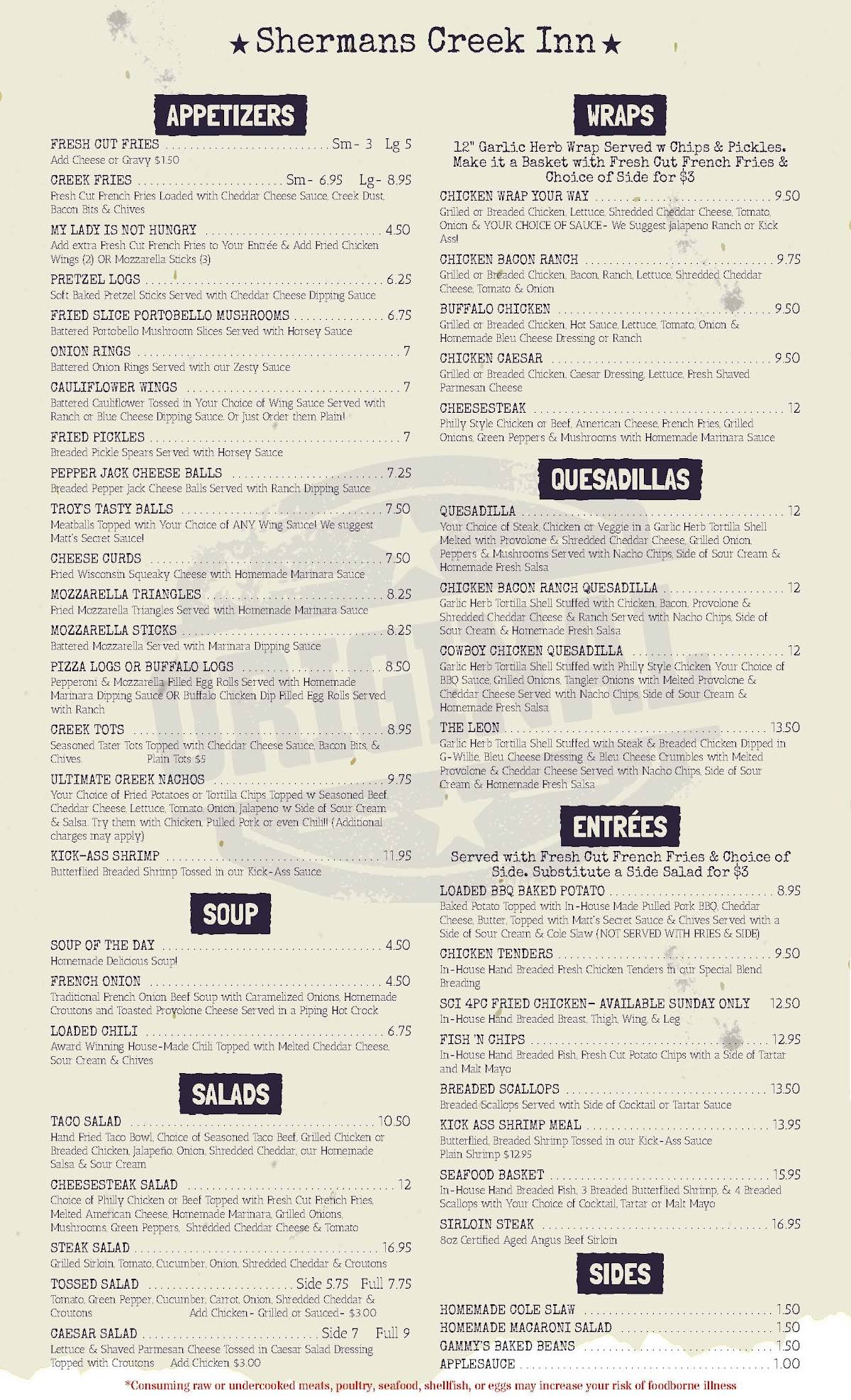Menu at Shermans Creek Inn pub & bar, Shermans Dale