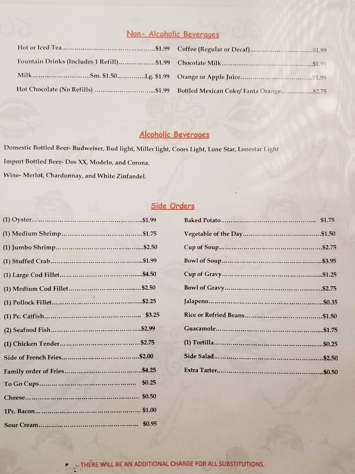 Menu at Sherry's Texan Seafood Restaurant, San Antonio, Pleasanton Rd