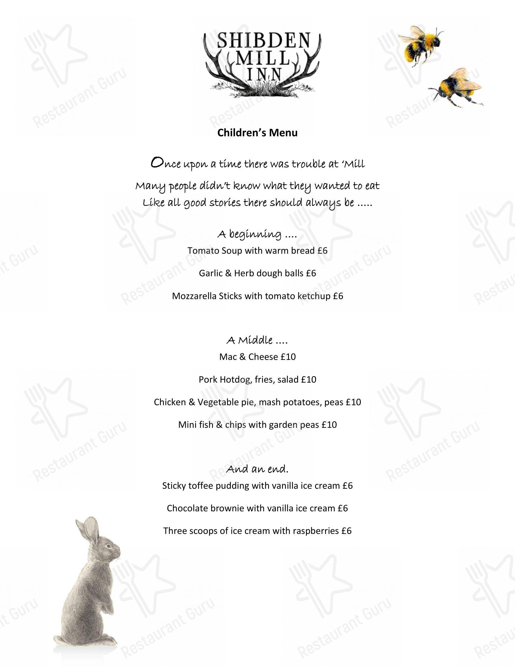 Menu at Shibden Mill Inn pub & bar, Halifax, Shibden Mill Inn