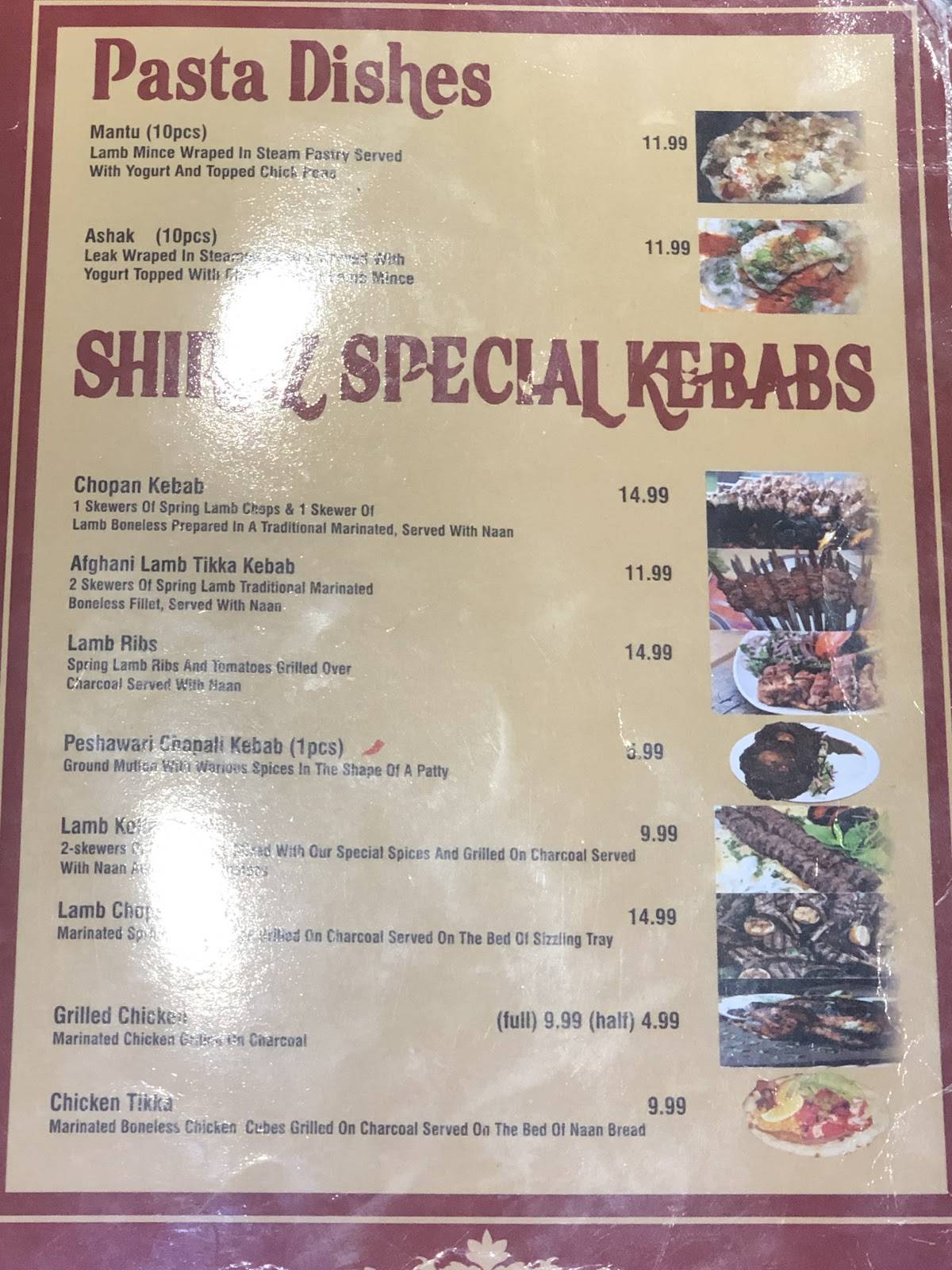 Menu at Shiraz Restaurant, Hayes