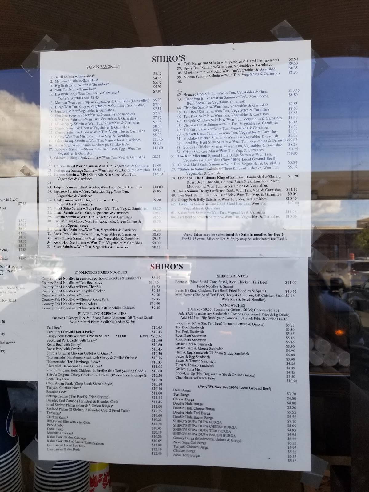 Menu at Shiro's Saimin Haven restaurant, Aiea