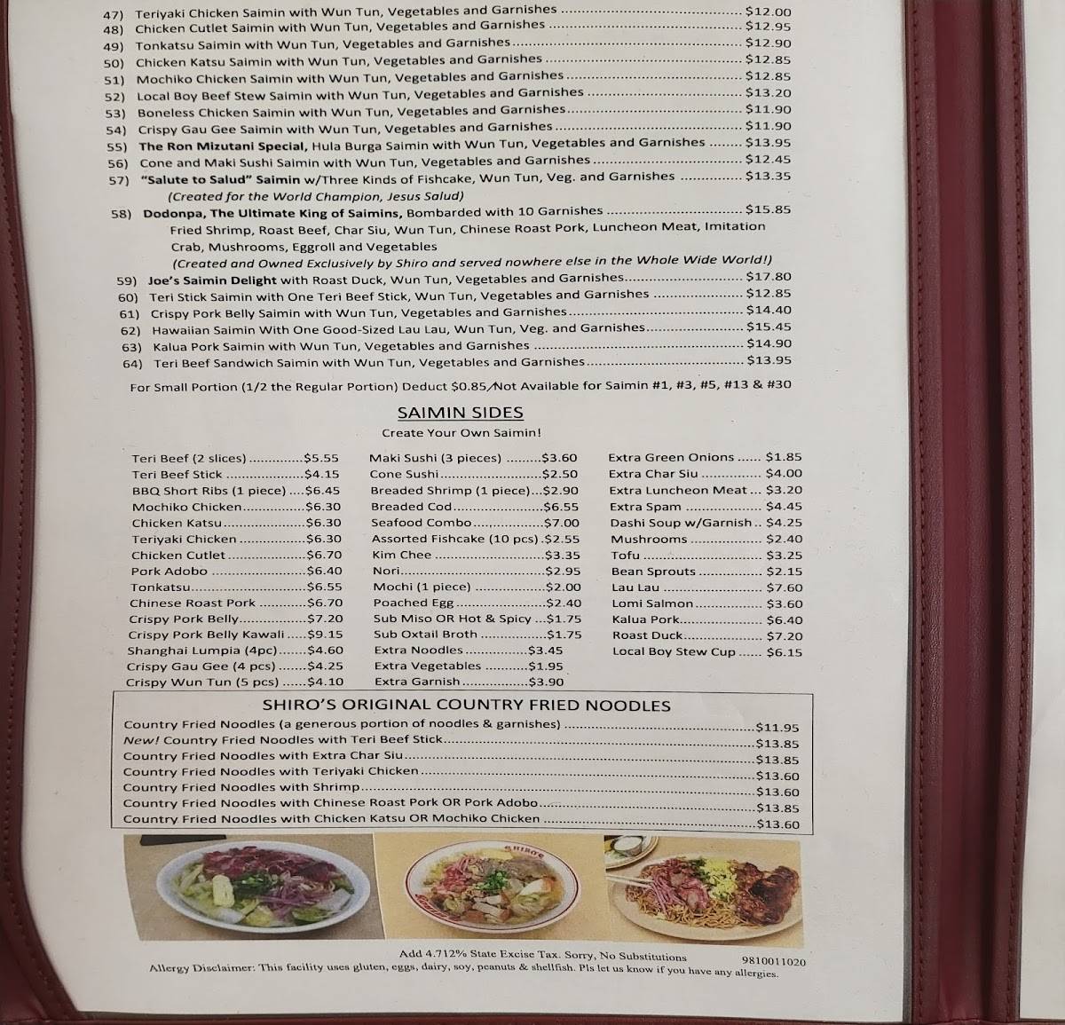 Menu at Shiro's Saimin Haven restaurant, Aiea
