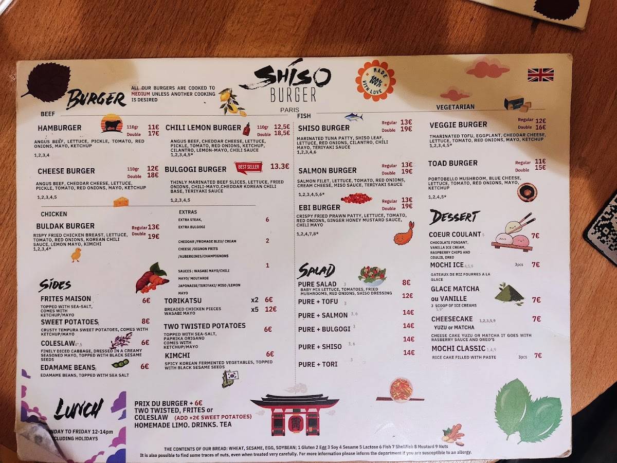 Menu au Shiso Burger restaurant, Paris, 21 Quai Saint-Michel