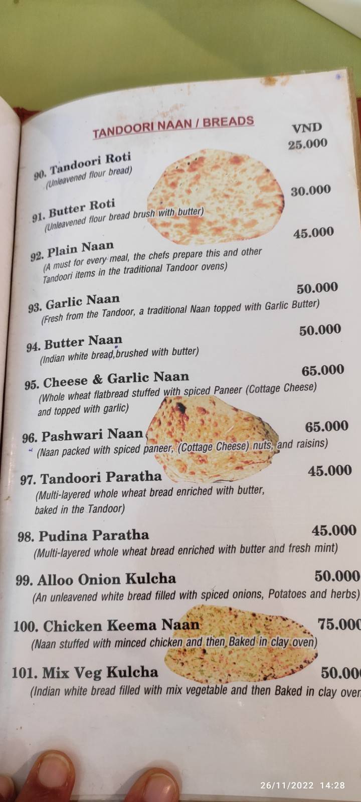 Menu at Shiva-Shakti Indian Restaurant, Hue