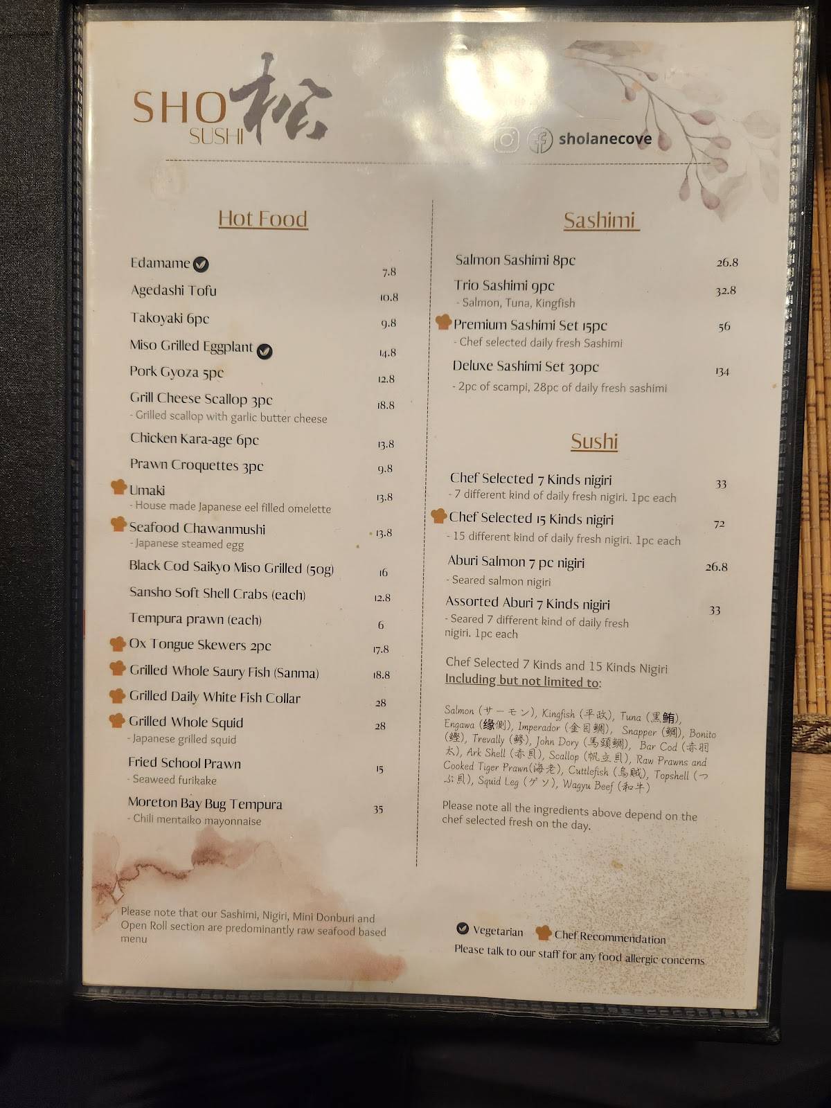 Menu at Sho Sushi restaurant, Lane Cove