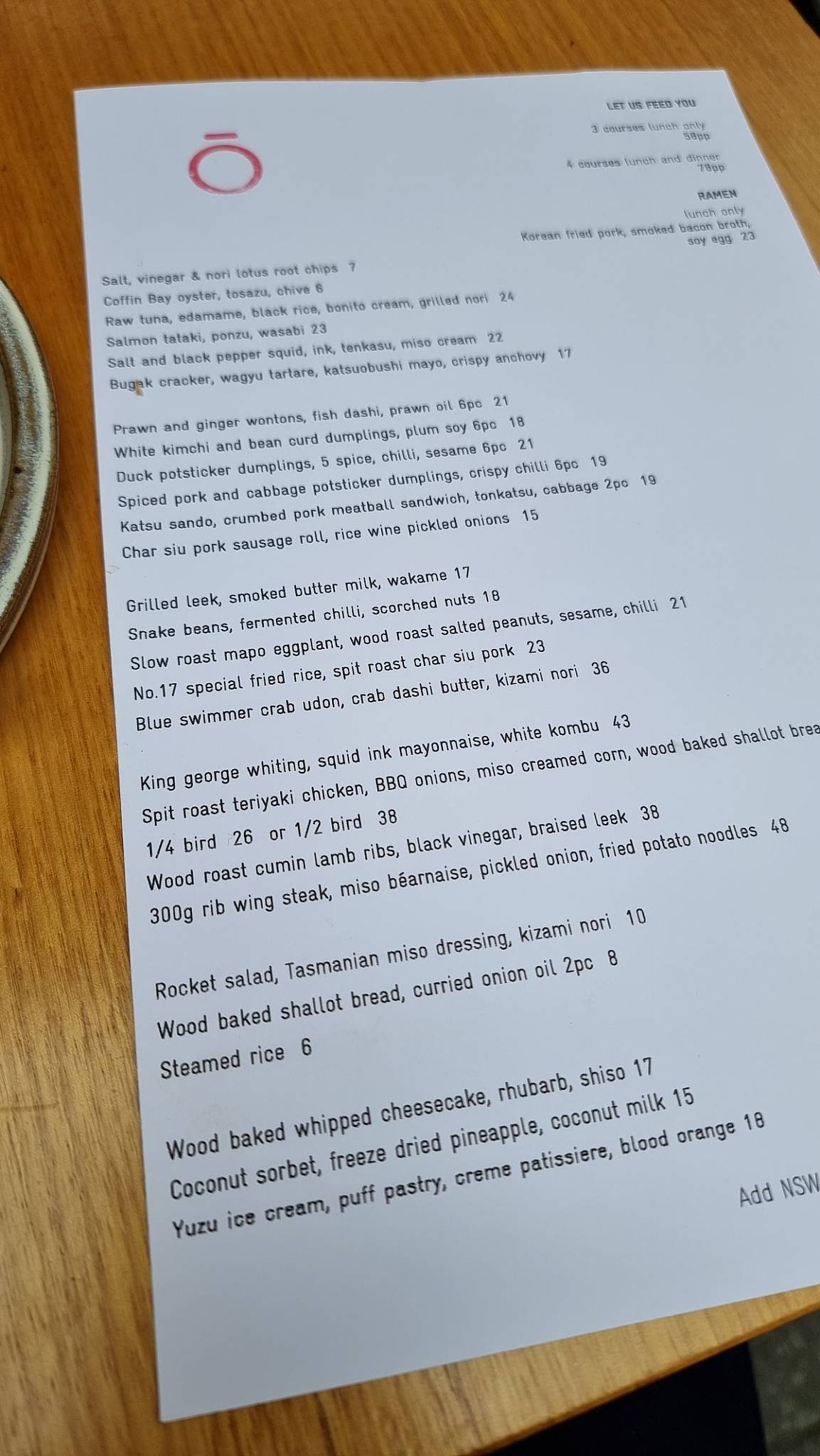 Menu at Shobosho restaurant, Adelaide