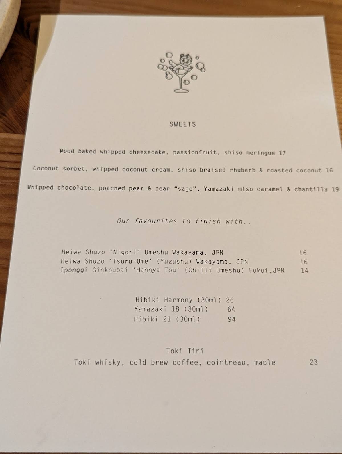 Menu at Shobosho restaurant, Adelaide