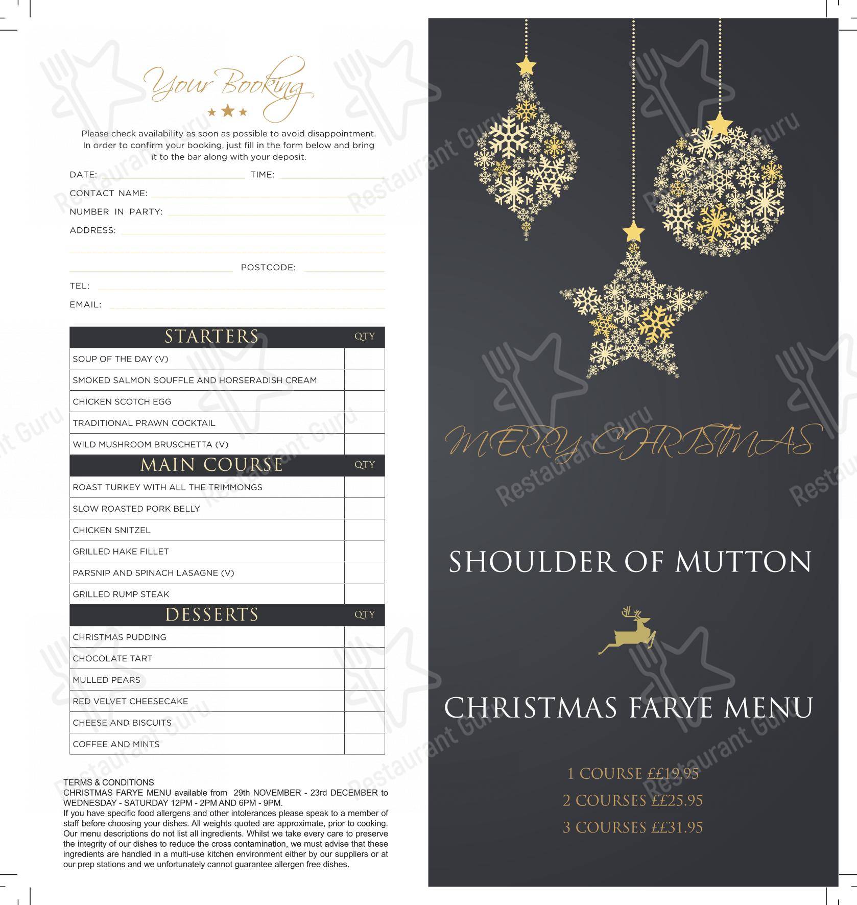 Menu at Shoulder of Mutton Inn pub & bar, Middleton Tyas, Middleton Tyas