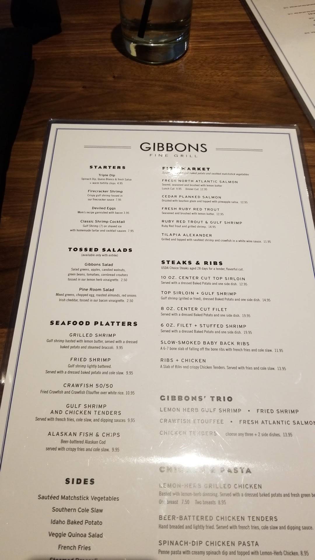 Menu at Gibbons Fine Grill restaurant, Shreveport