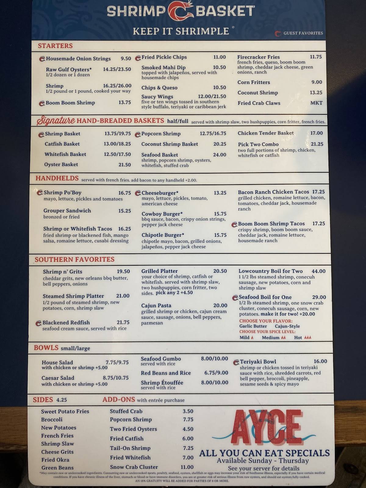 Menu at Shrimp Basket restaurant, Panama City Beach, Front Beach Rd