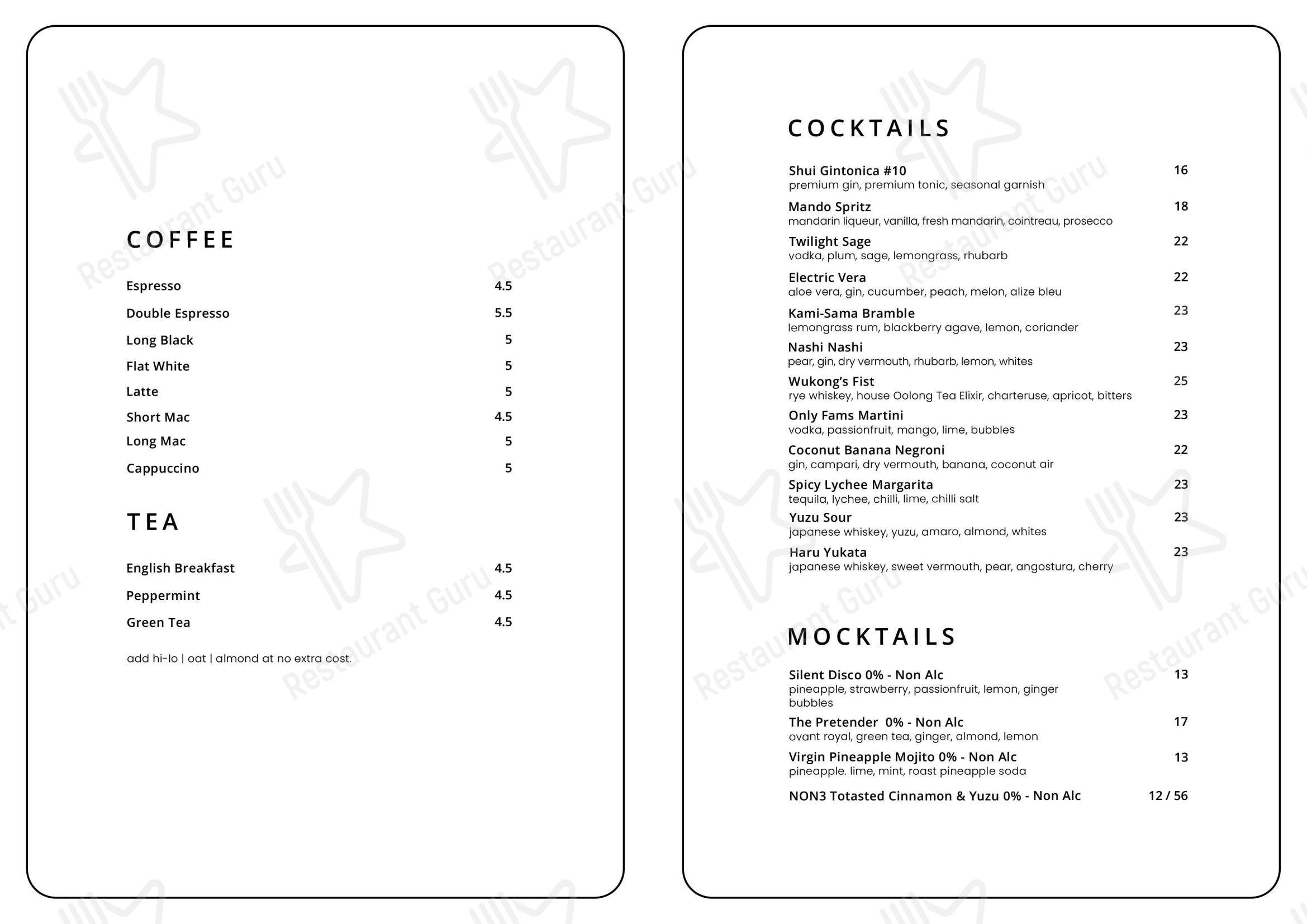 Menu at Shui Subiaco pub & bar, Subiaco