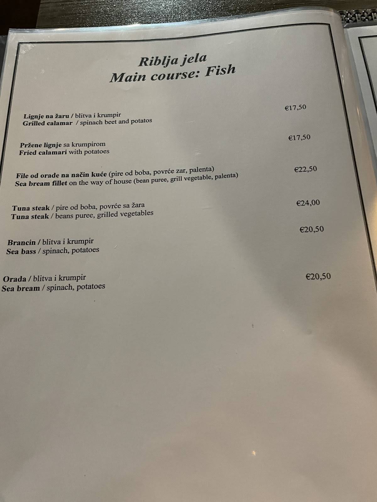 Menu at Tinel restaurant, Šibenik