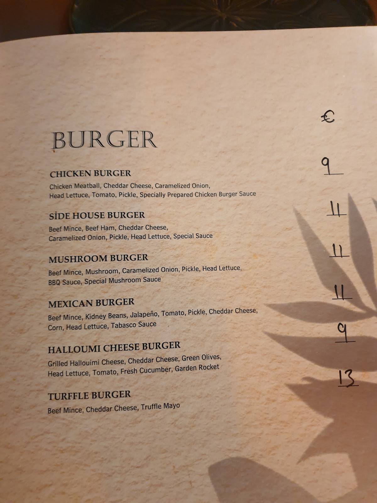 Carta de Side House Cafe, Manavgat