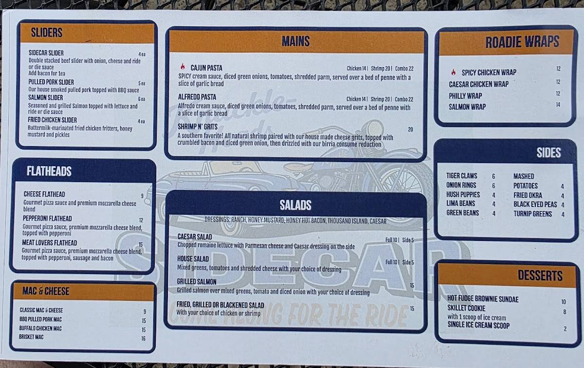 Menu at Sidecar Memphis restaurant, Memphis