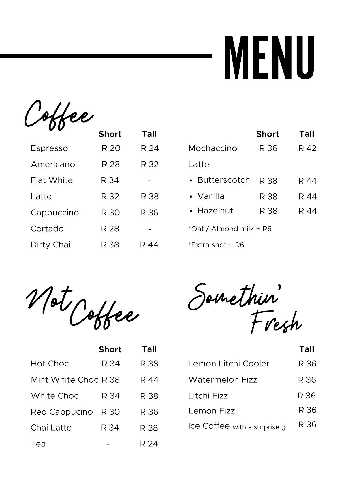 Menu at Sideline Cafe, Pretoria