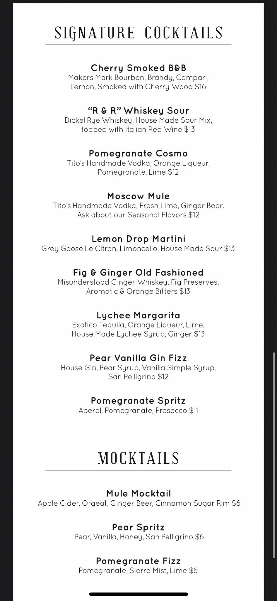 Menu at Tavolo Modern Italian restaurant, Sidney