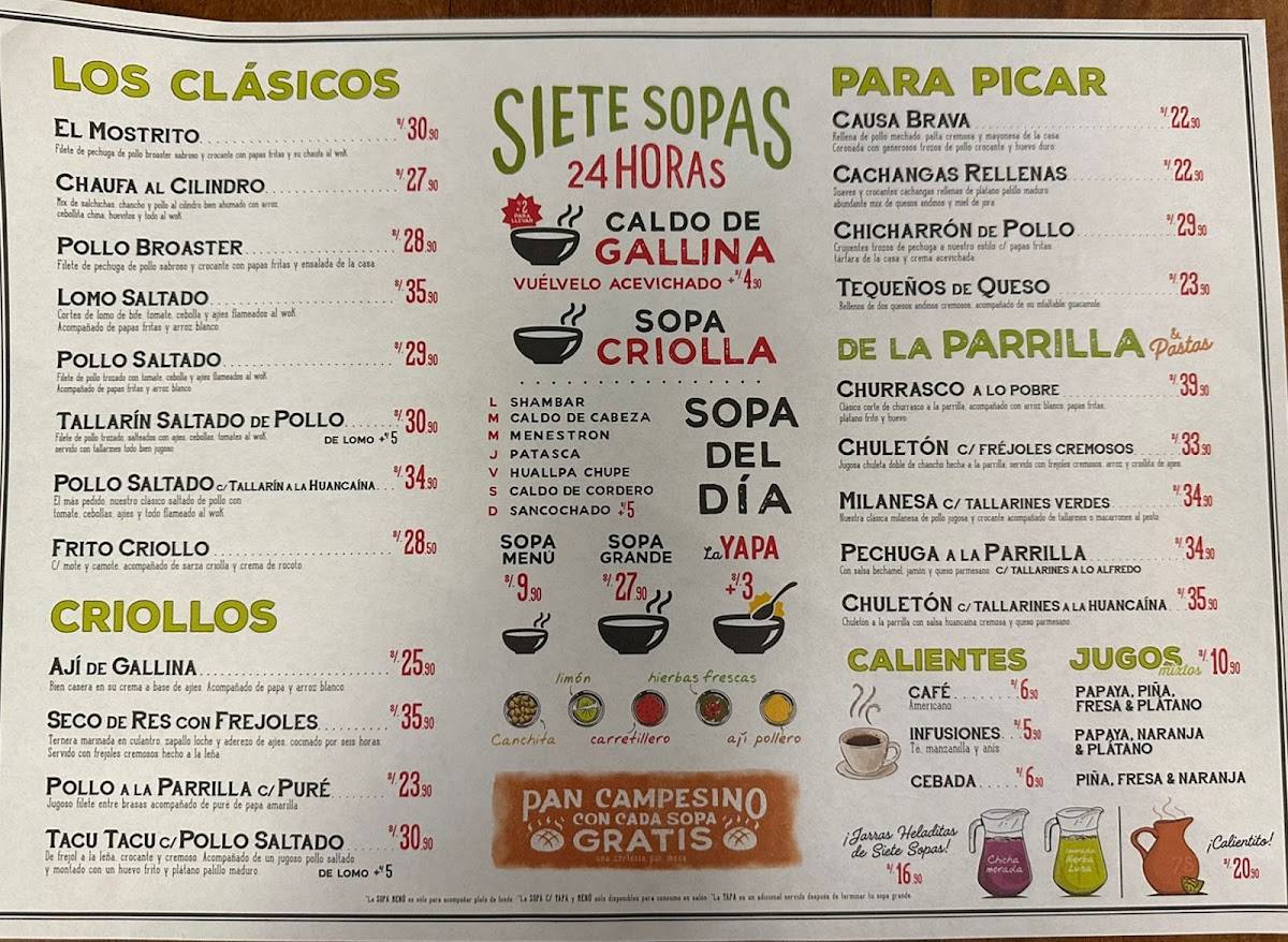 Carta del restaurante Siete Sopas, Trujillo