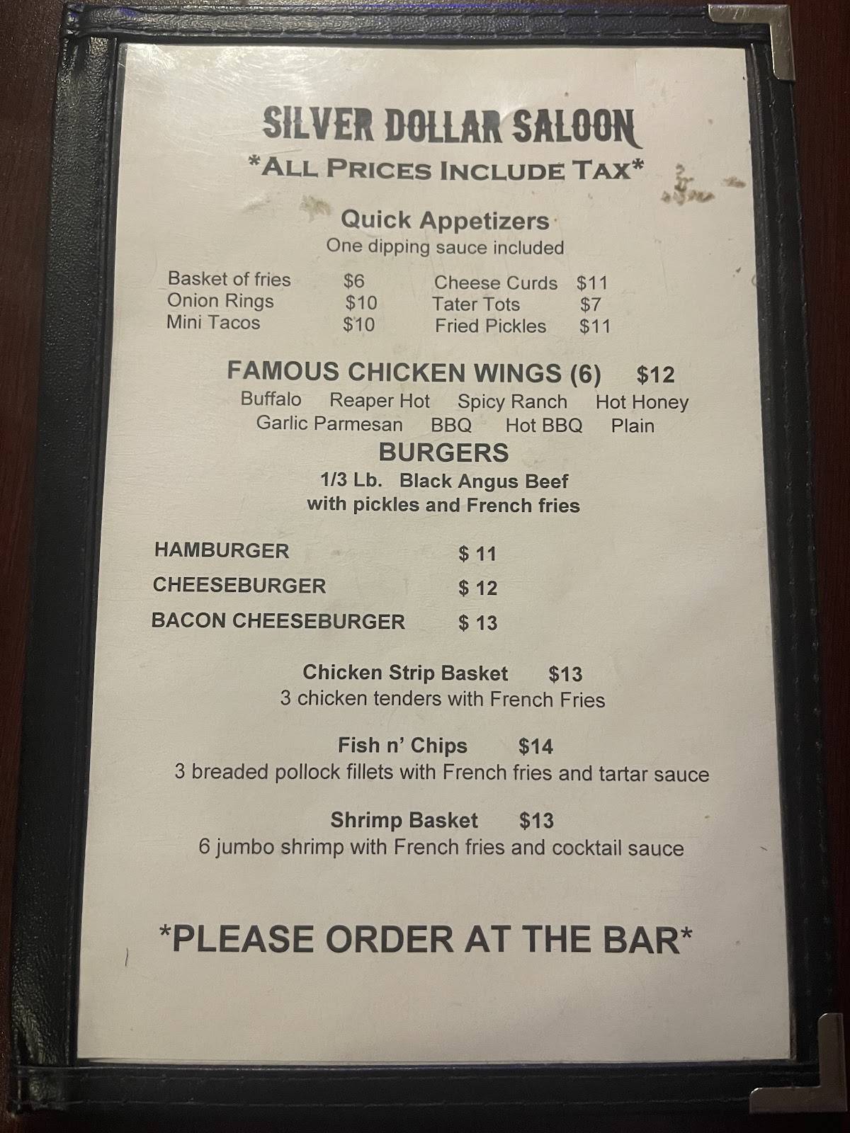 Menu at Silver Dollar Saloon pub & bar, Hill City