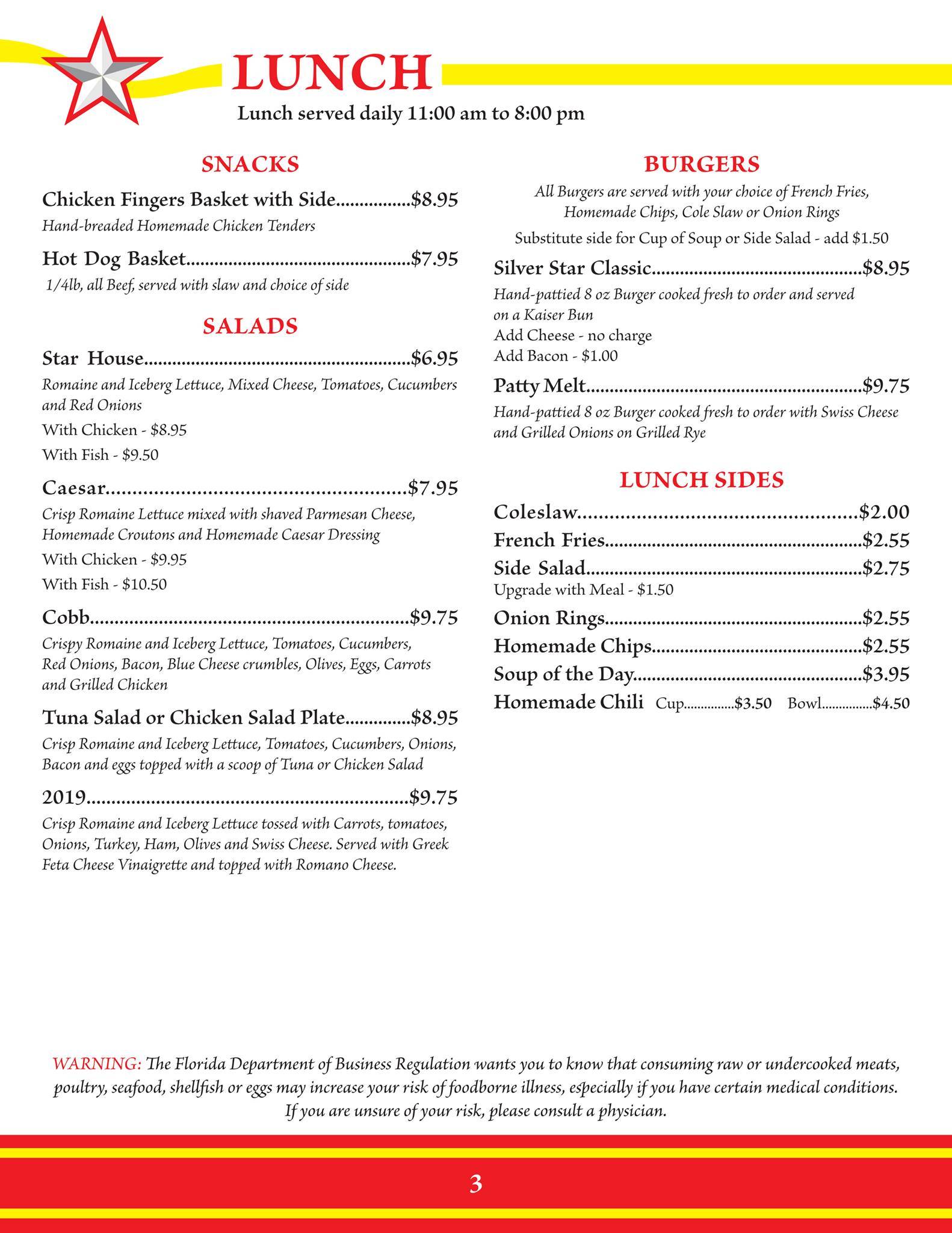 Menu at Silver Star East restaurant, Myakka City