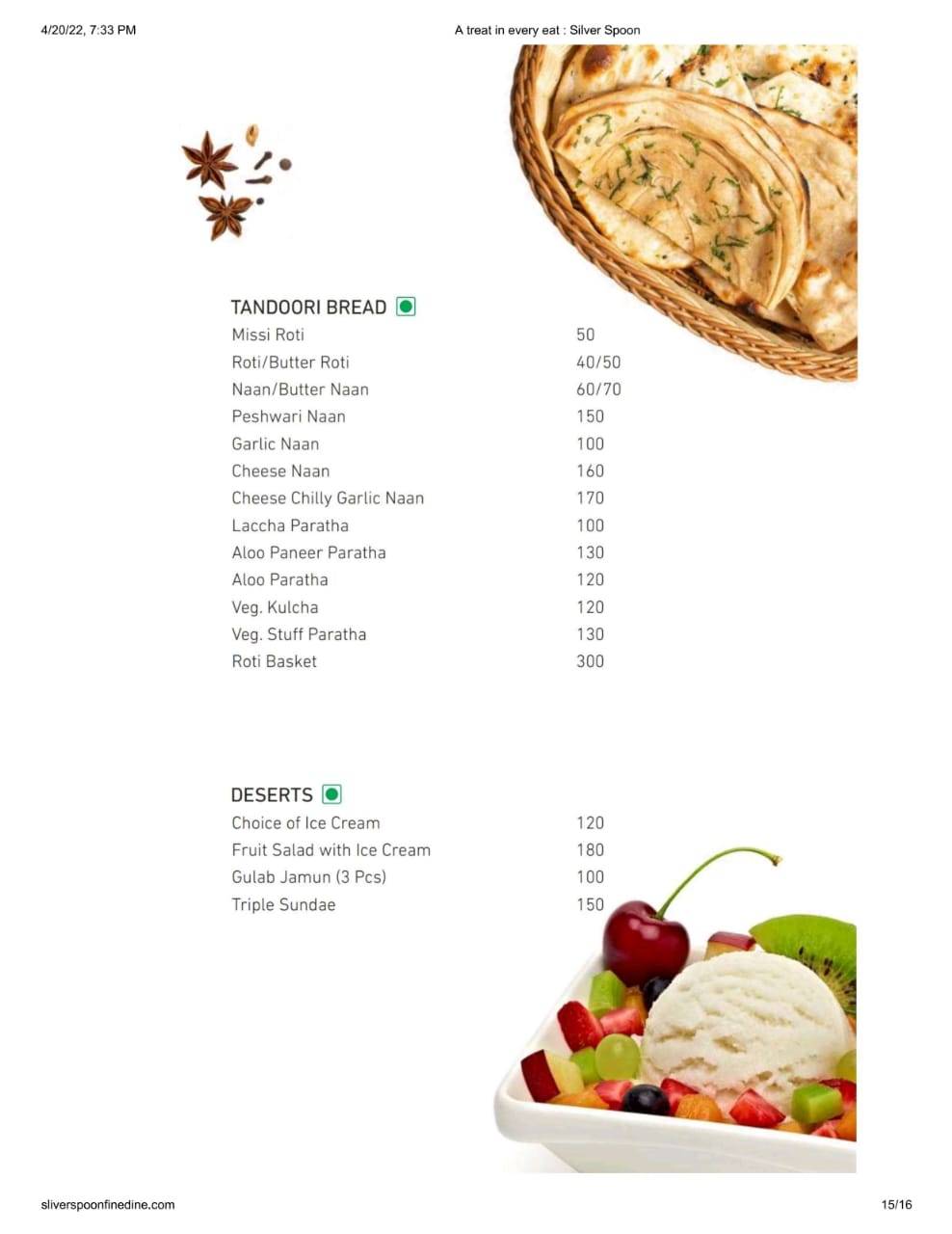 Menu at Silver spoon, Sanquelim