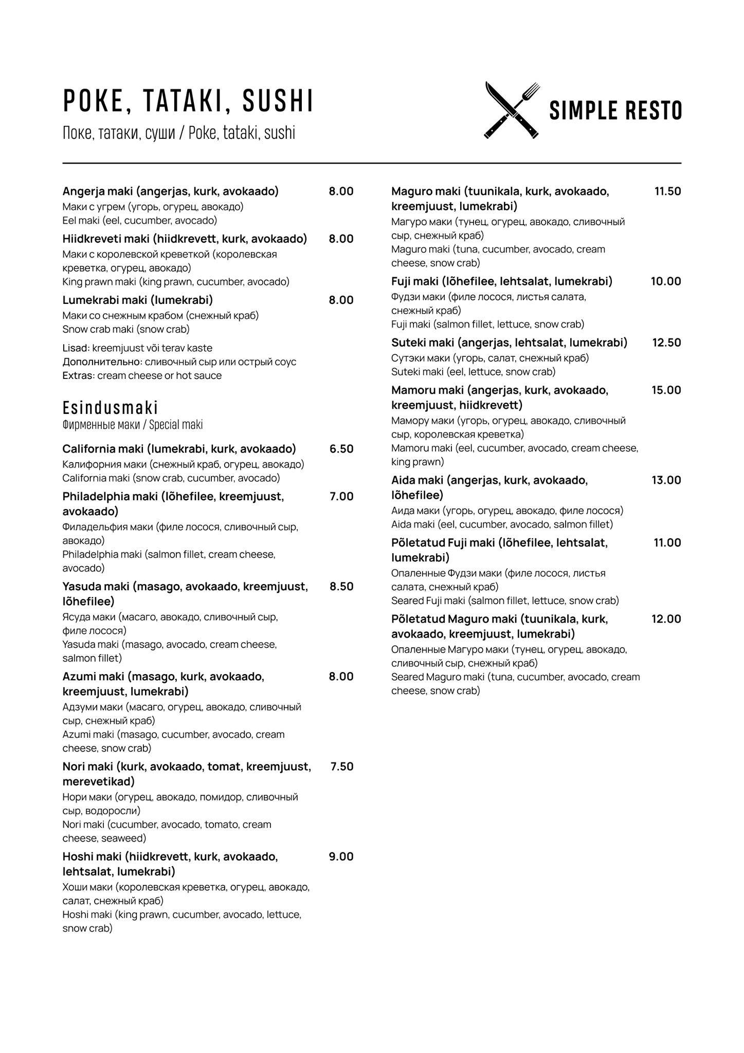 Menu at Simple Resto restaurant, Tallinn