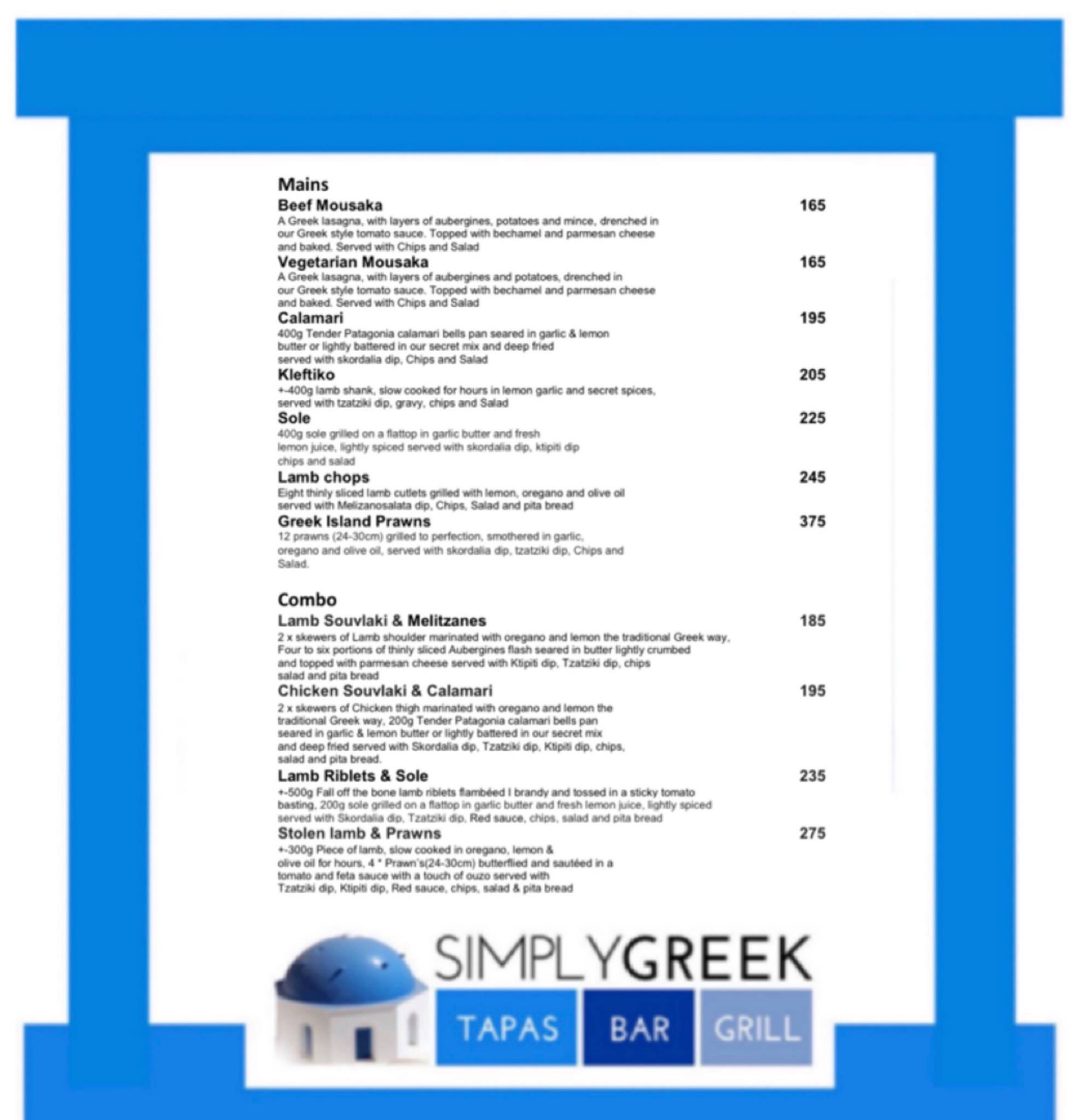 Menu at Simply Greek restaurant, Stellenbosch, 3 Plein St