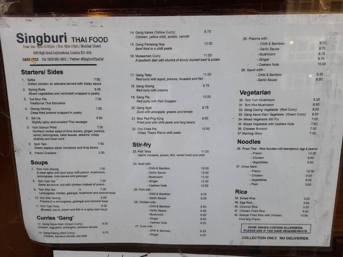 Menu at Singburi restaurant, London