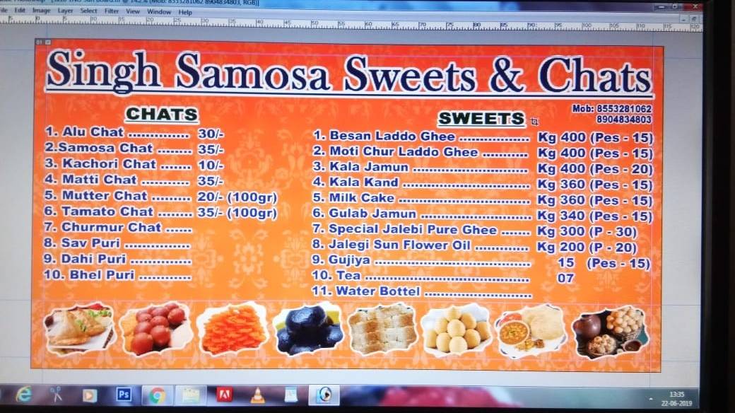Menu at Singh Samosa and sweets, Bengaluru, A1
