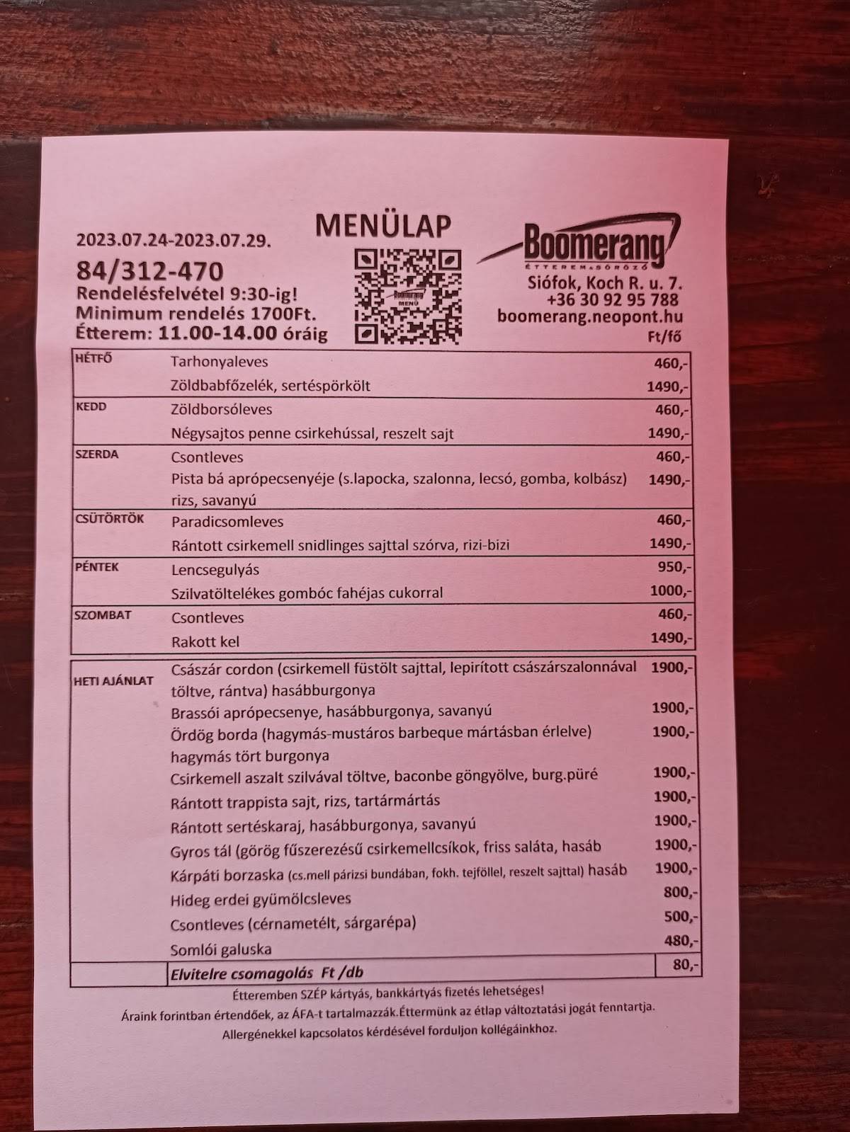 Menu at Boomeráng Étterem, Söröző restaurant, Siófok