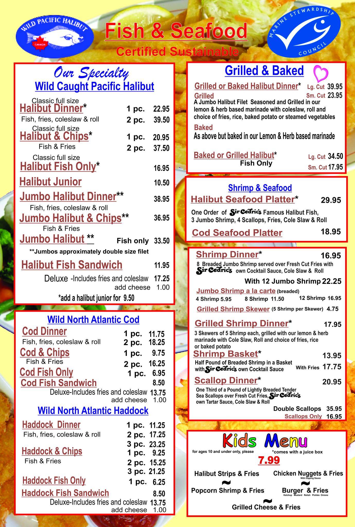 Menu at Sir Cedric's Fish & Chips restaurant, Windsor, 468 University Ave W