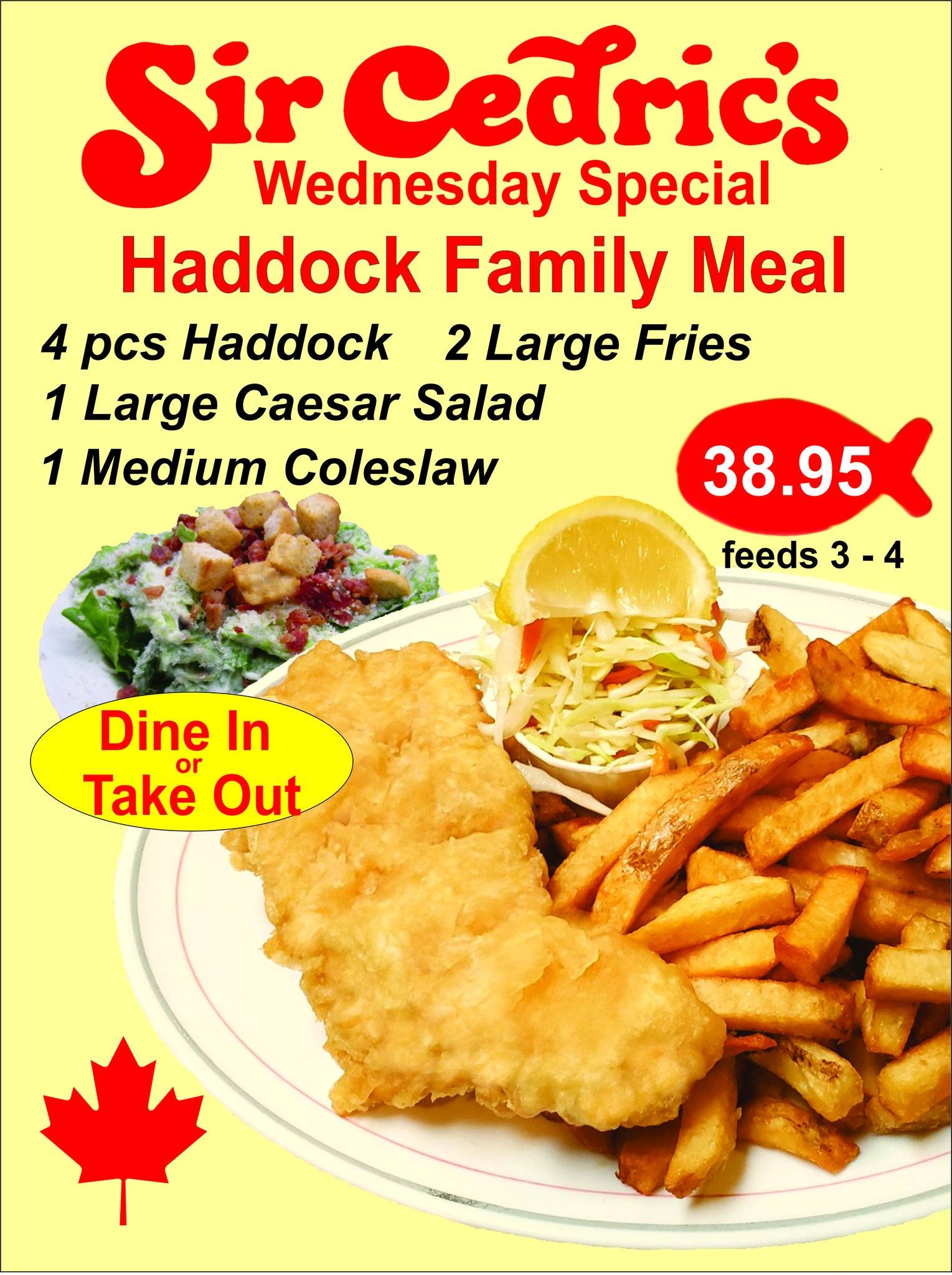 Menu at Sir Cedric's Fish & Chips restaurant, Windsor, 468 University Ave W